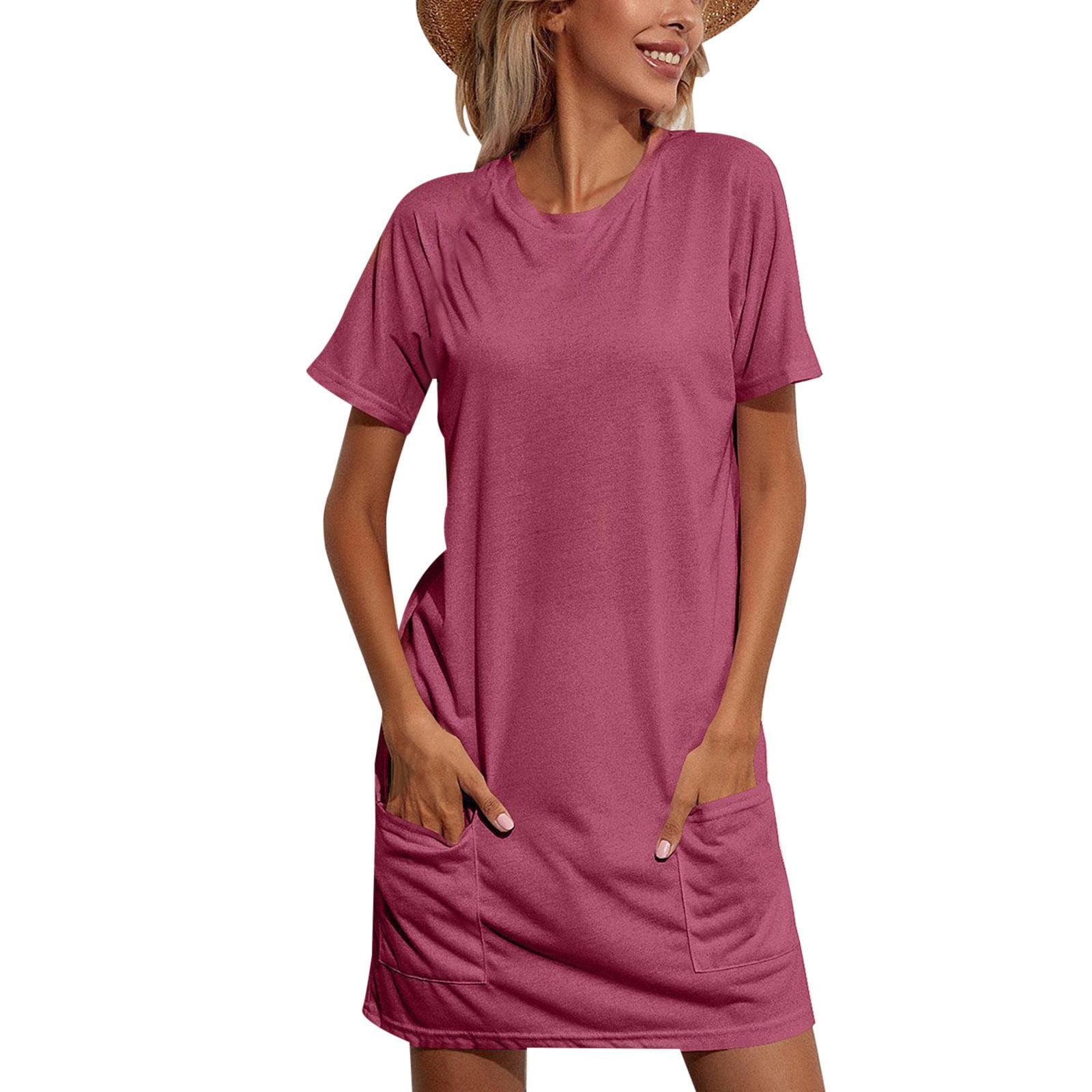 DXOUPM Women's Crew Neck Solid Color Short Dress Short Sleeved Casual ...