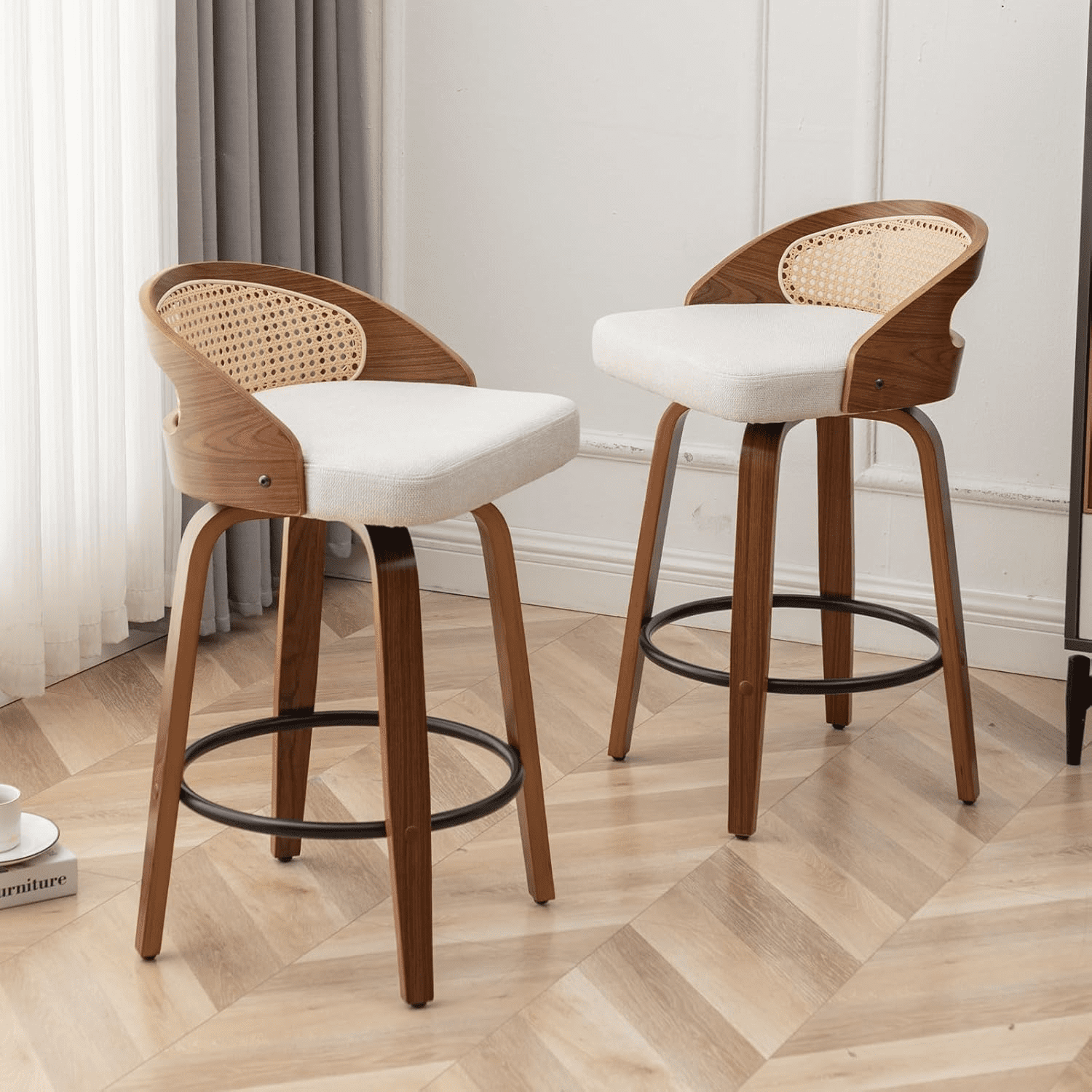 DXYJCNL 25" Swivel Rattan Bar Stools Mid-Century Modern Orange Faux ...