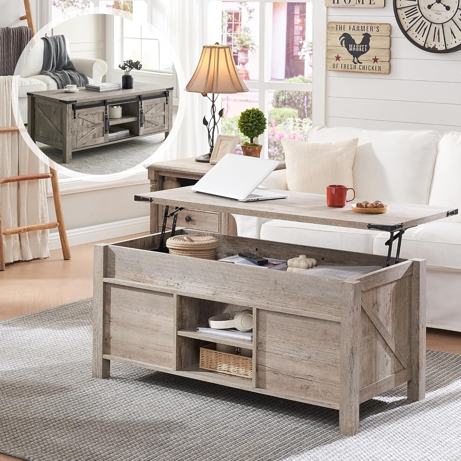 DXYJCNL 48" Farmhouse Lift Top Coffee Table Rustic Center Table with ...
