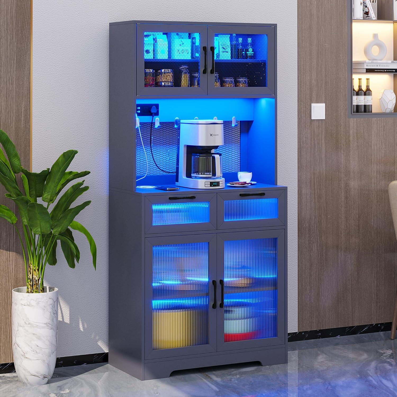 DXYJCNL 67" Kitchen Storage Cabinet with Power Outlet & USB Ports LED ...