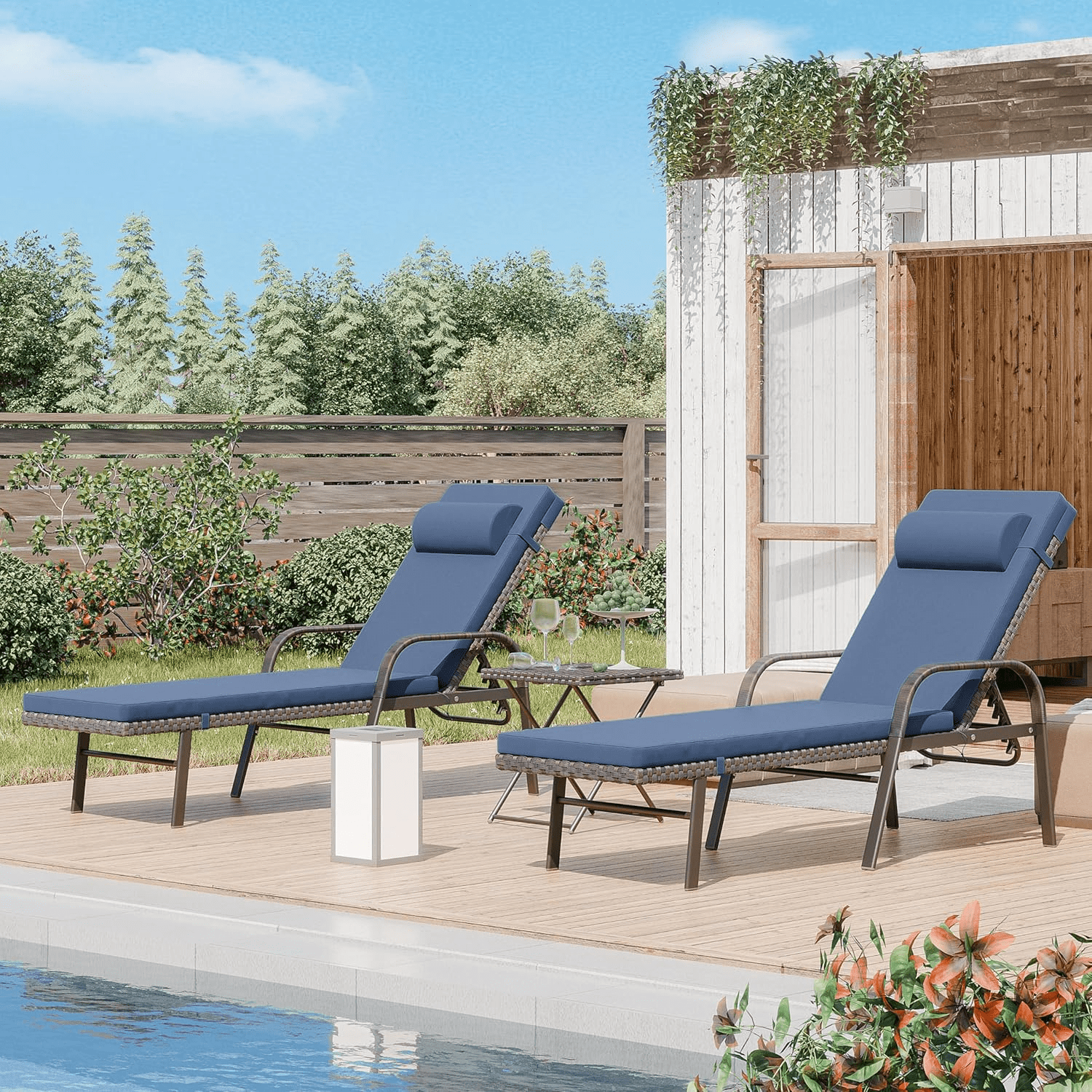 DXYJCNL Chaise Lounge Set 3 Pieces Outdoor Rattan Wicker Pool Lounge ...