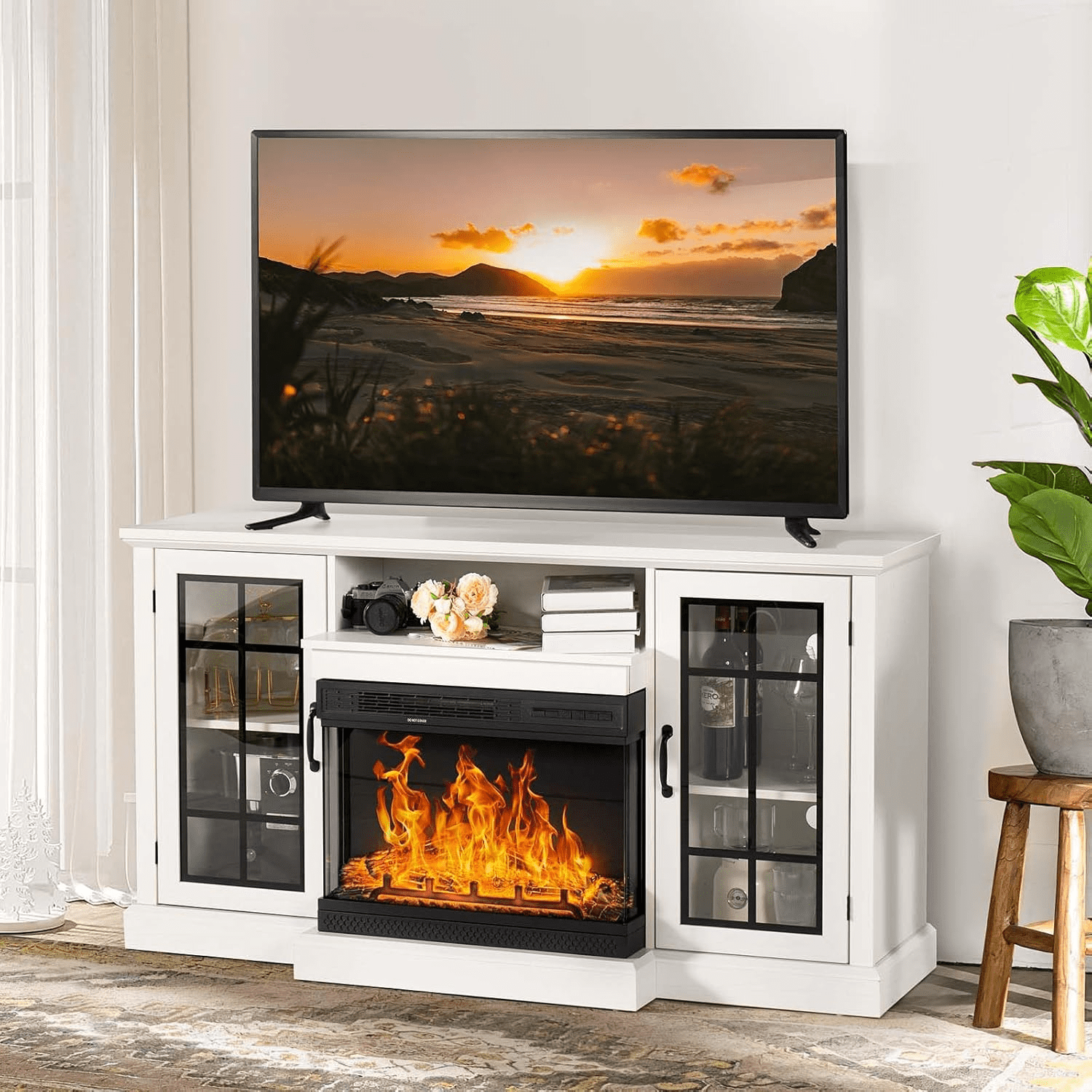 DXYJCNL Fireplace TV Stand with All-Sided Glass Electric Fireplace 59 ...