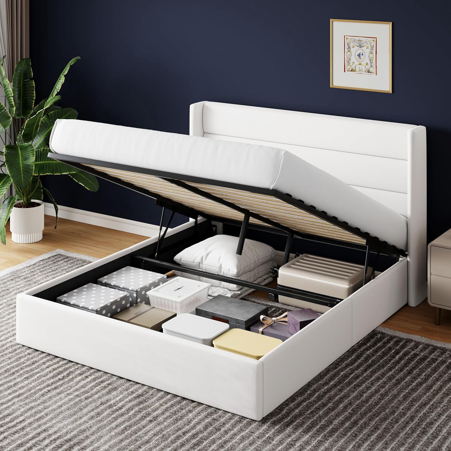 DXYJCNL Full Size Lift Up Storage Bed with Wingback Headboard/Heavy-Duty Hydraulic Bed ...