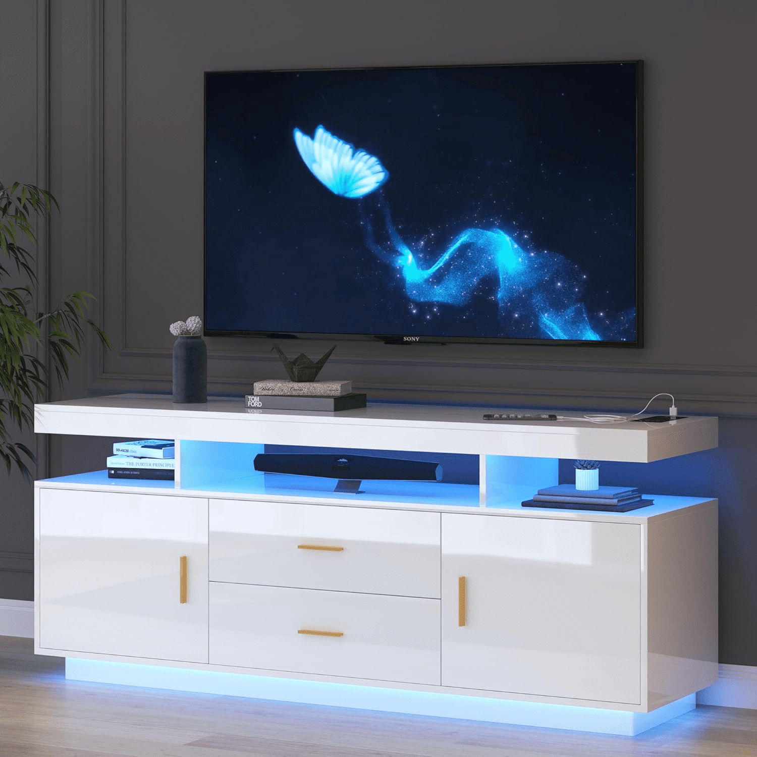 DXYJCNL High Gloss Entertainment Center with 3-Colors Lighting LED ...