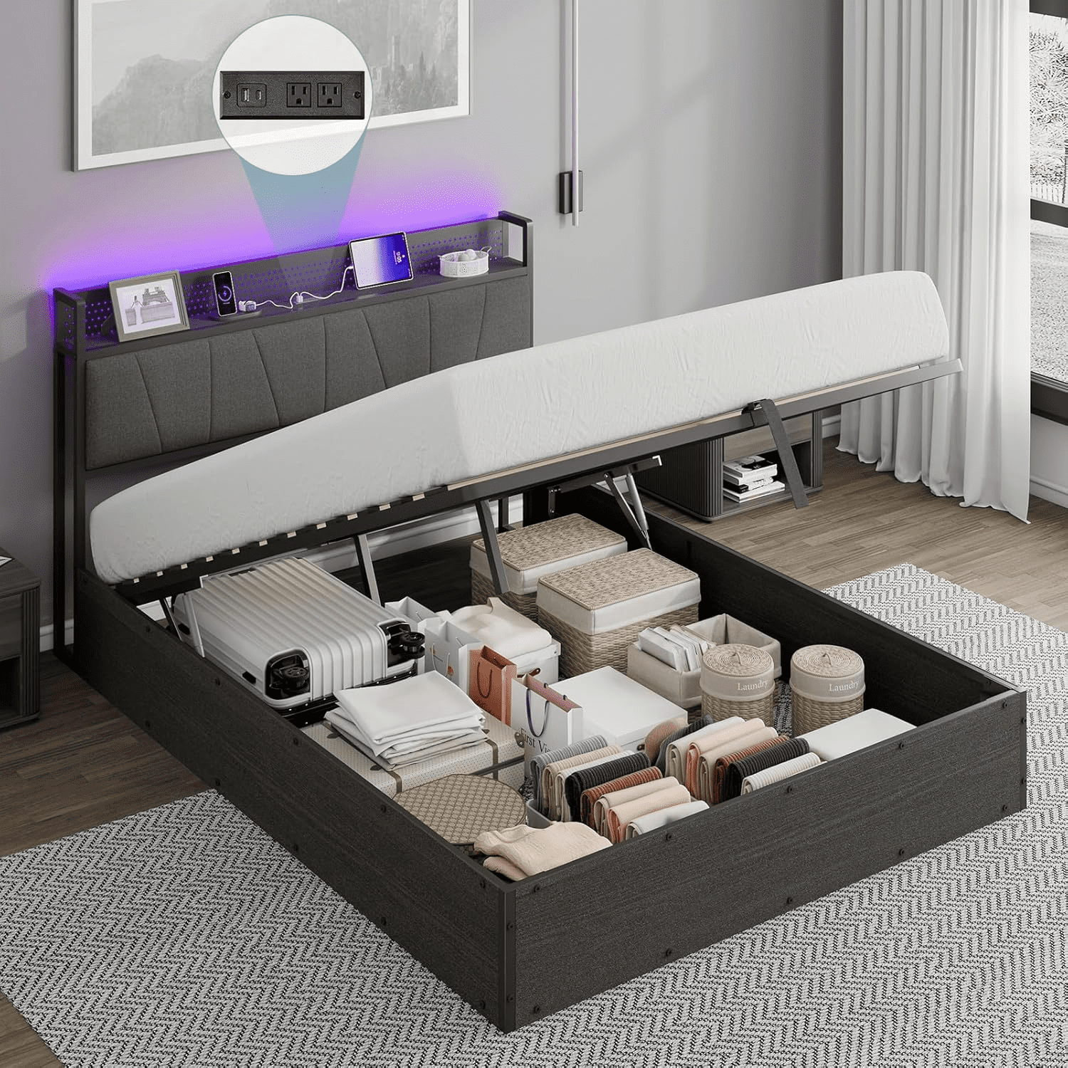 DXYJCNL King Size Lift Up Storage Bed Frame Modern RGB LED Light ...