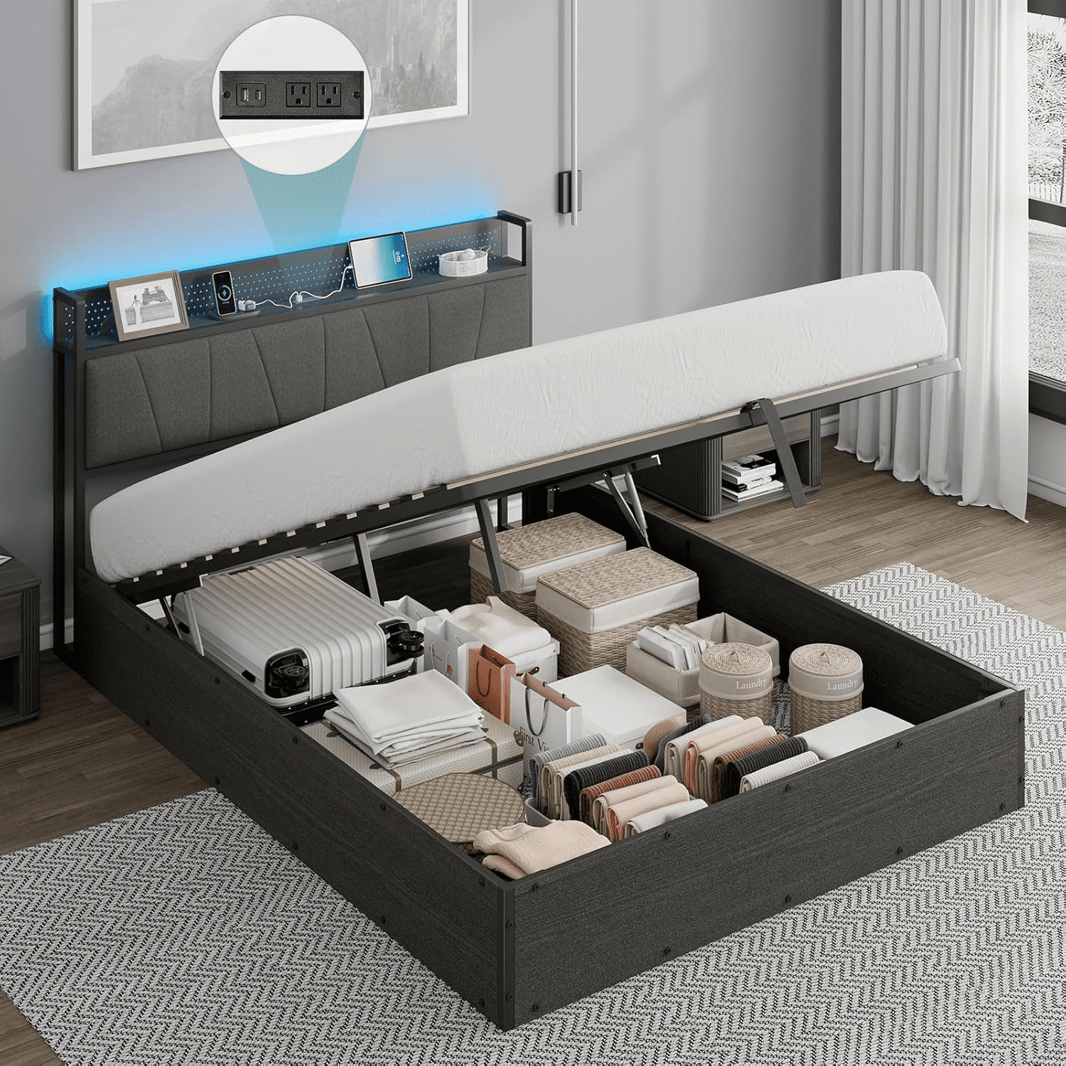 DXYJCNL King Size Lift Up Storage Bed Frame Modern RGB LED Light ...