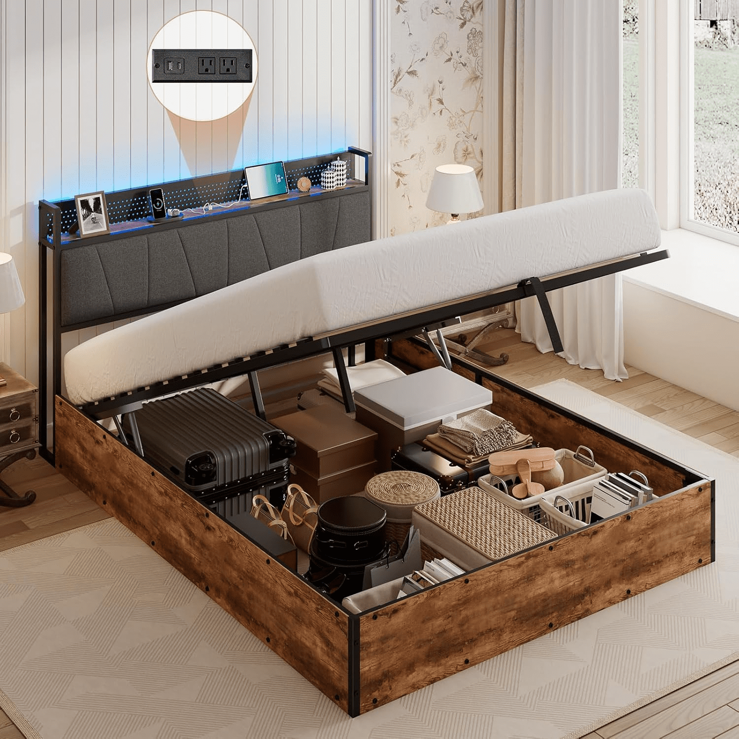 DXYJCNL King Size Lift Up Storage Bed Frame Modern RGB LED Light ...