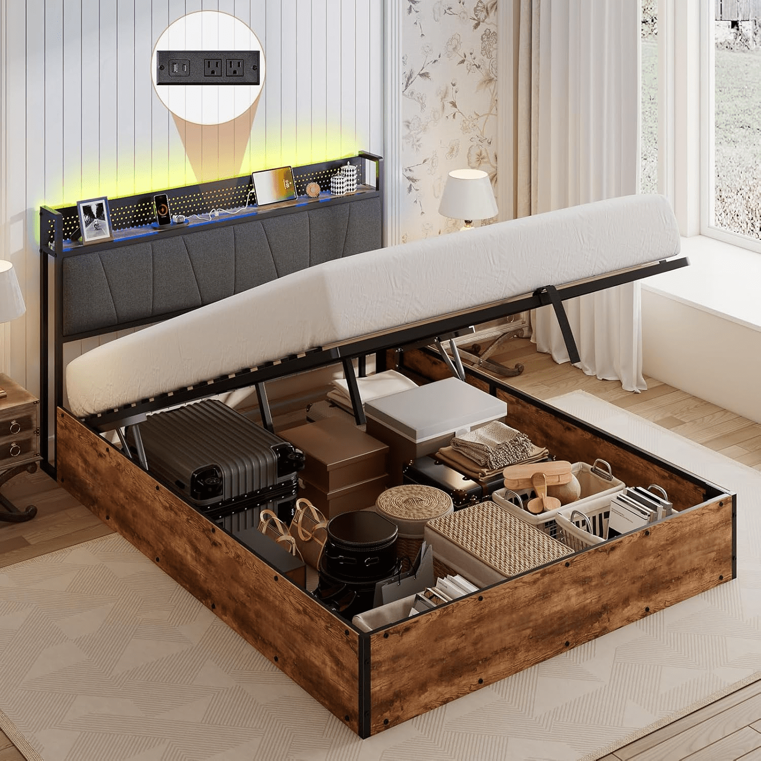 DXYJCNL King Size Lift Up Storage Bed Frame Modern RGB LED Light ...