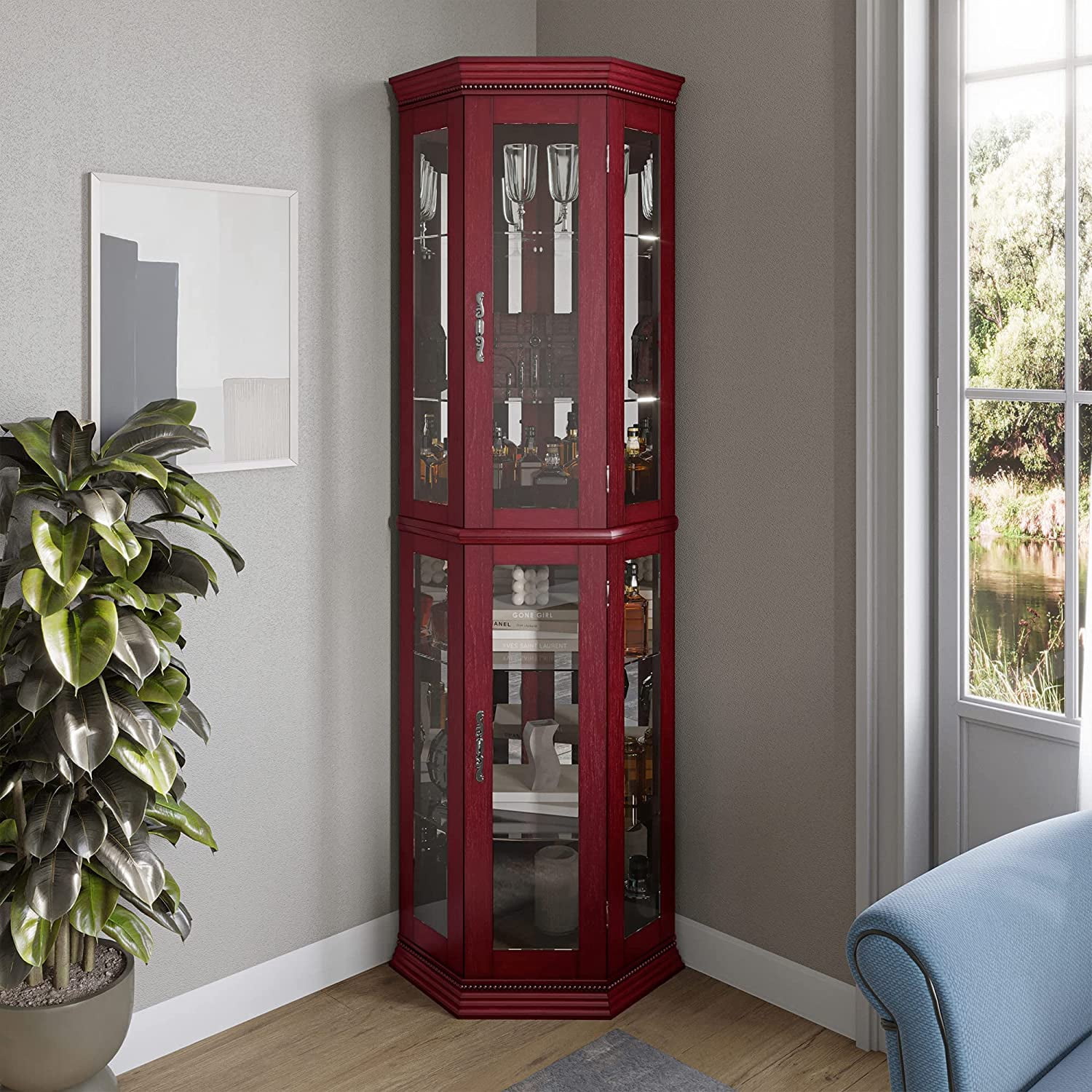 DXYJCNL Lighted Wooden Corner Display Curio Cabinet Two Section ...