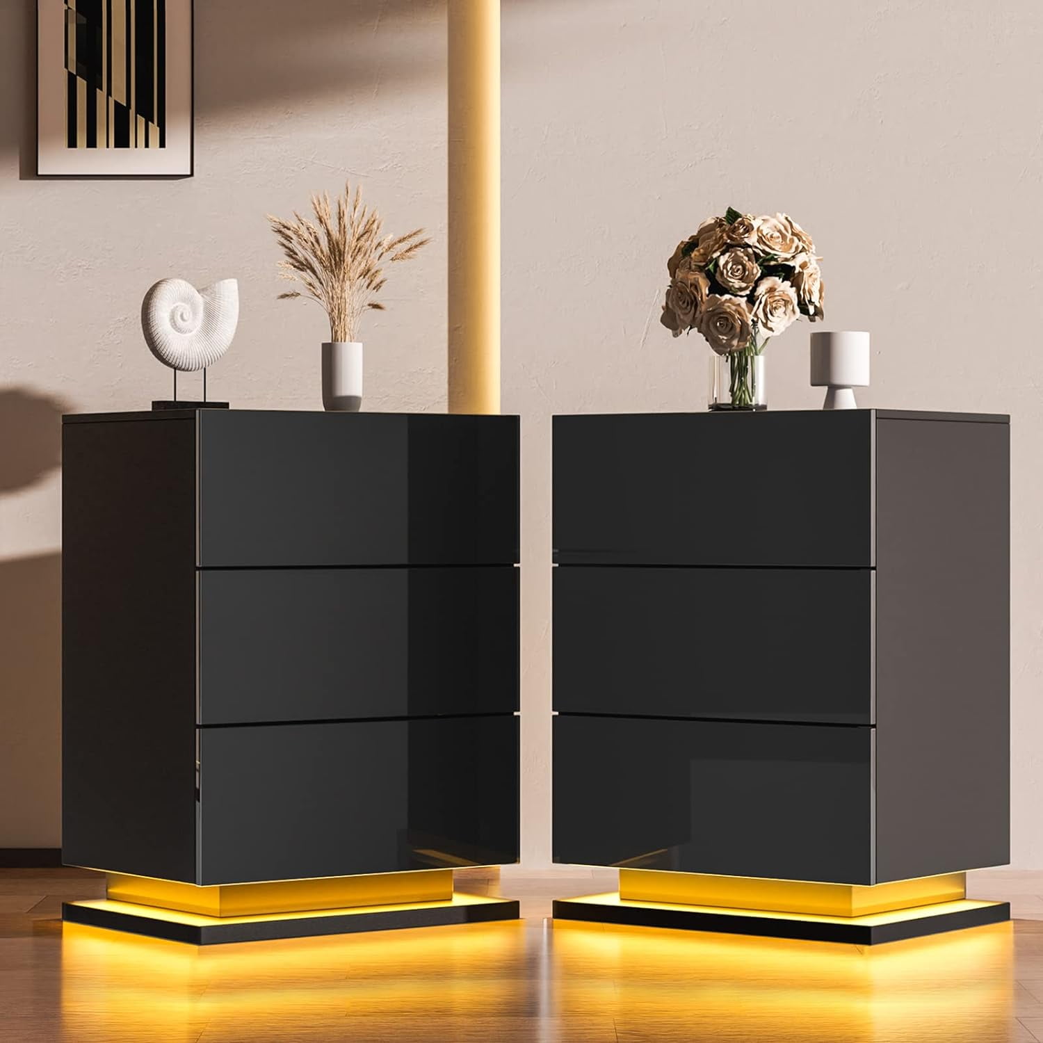 DXYJCNL Nightstand with LED End Tables with 3 Drawers and I Flapping ...