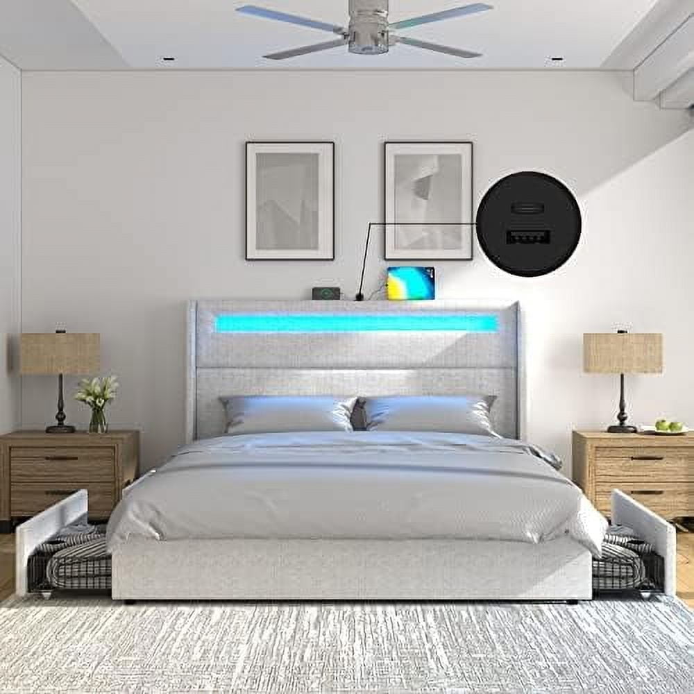 DXYJCNL Queen LED Bed Frame with Wingback Headboard & 4 Storage Drawers ...