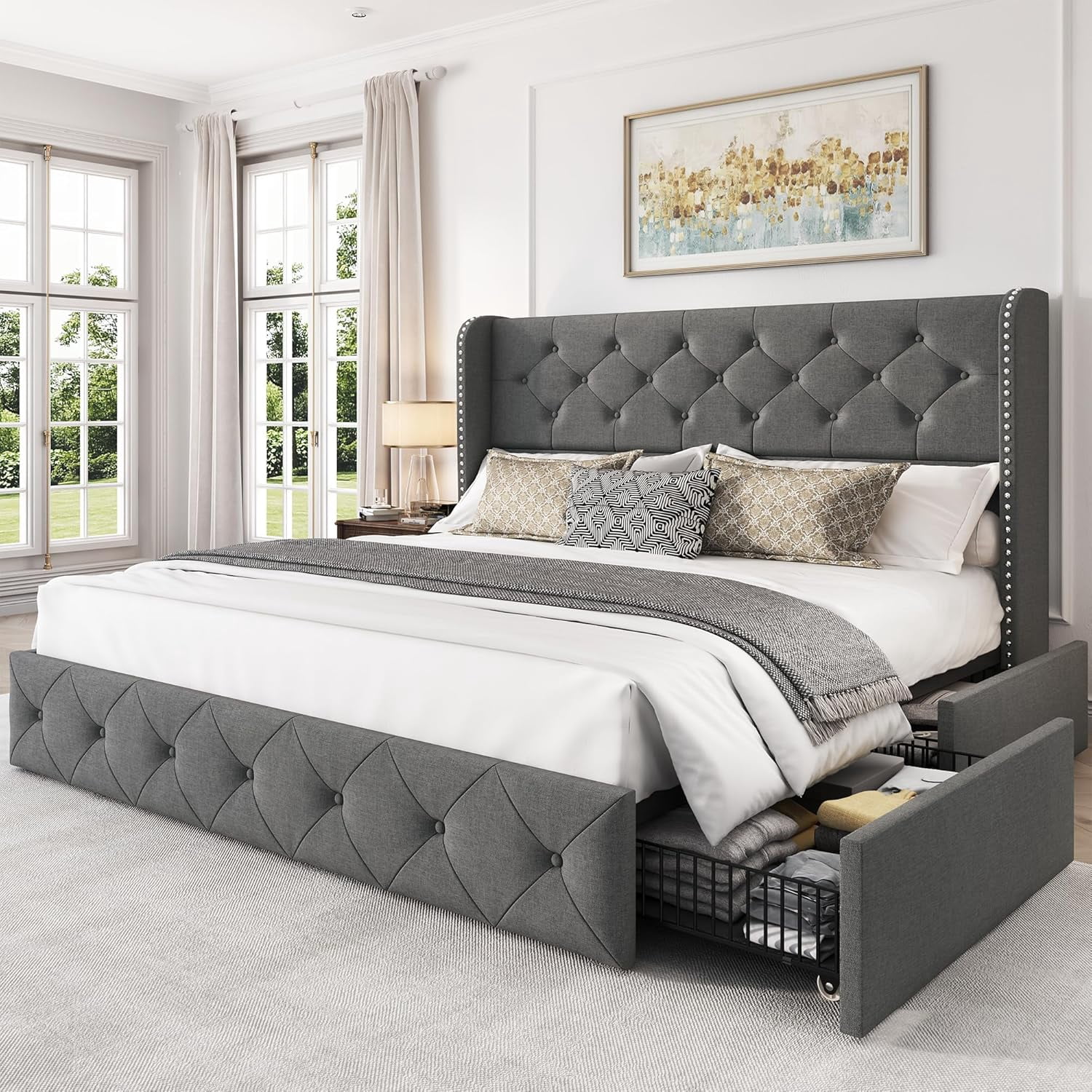 DXYJCNL Queen Size Bed Frame with 4 Storage Drawers and Tufted ...