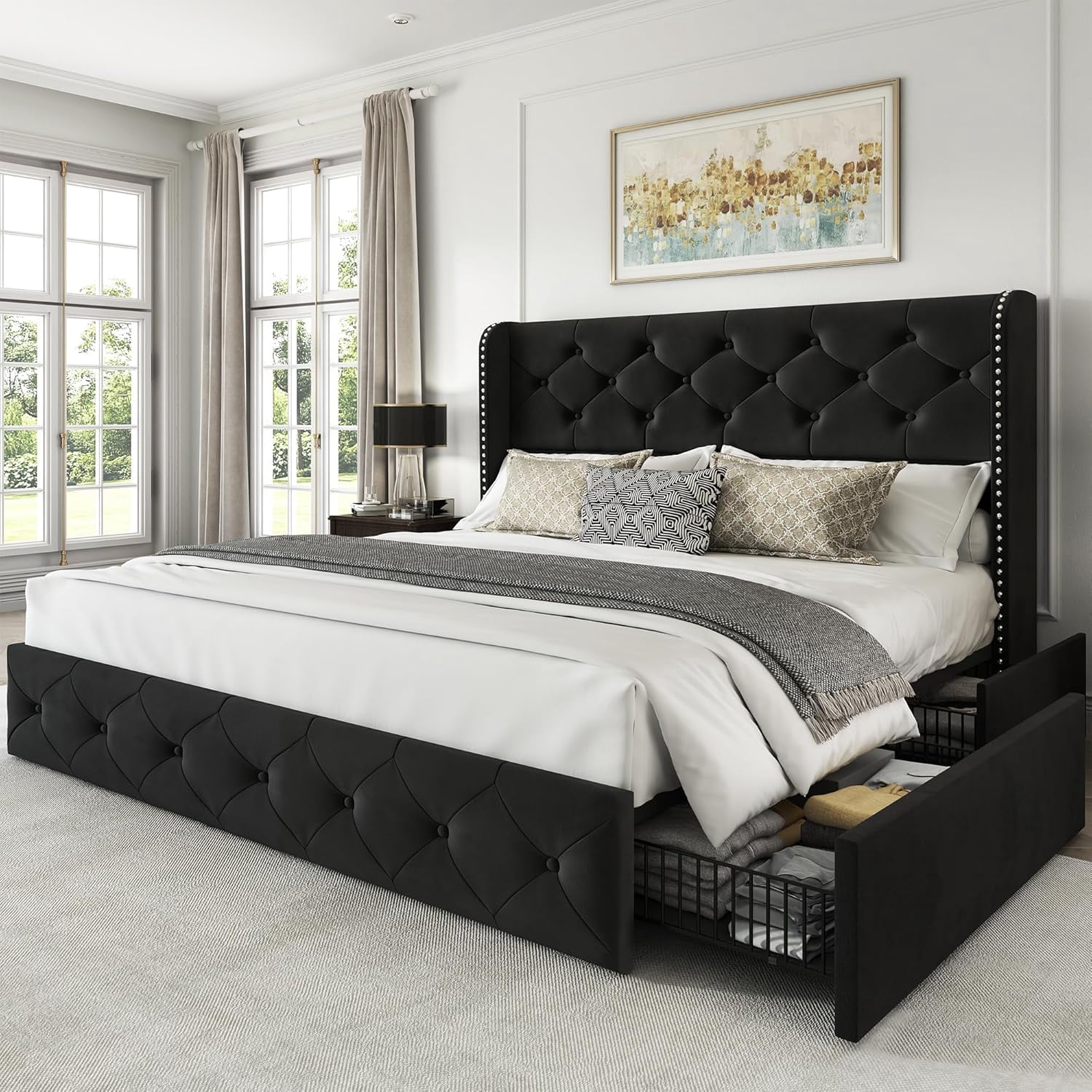 DXYJCNL Queen Size Bed Frame with 4 Storage Drawers and Tufted ...