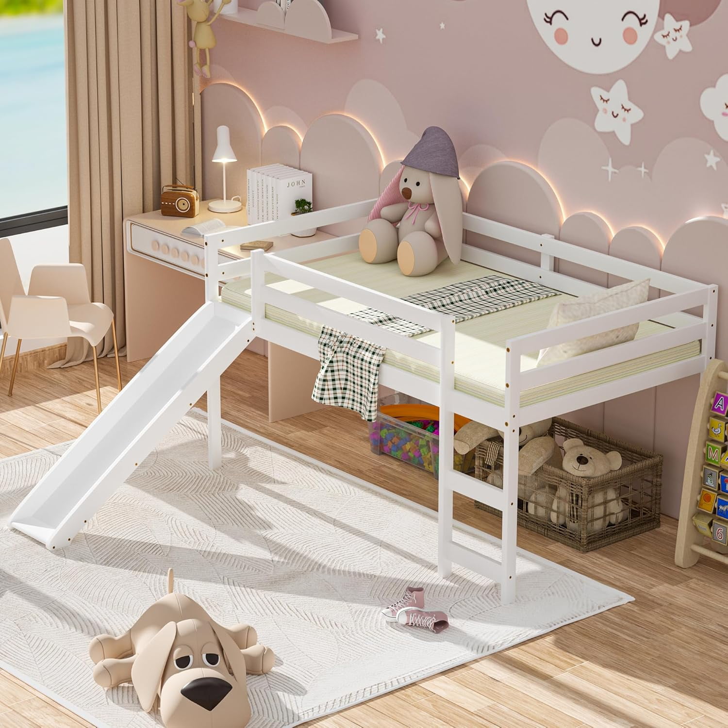 DXYJCNL Twin Loft Bed with Slide Wood Low Loft Bed with Ladder & Guard ...