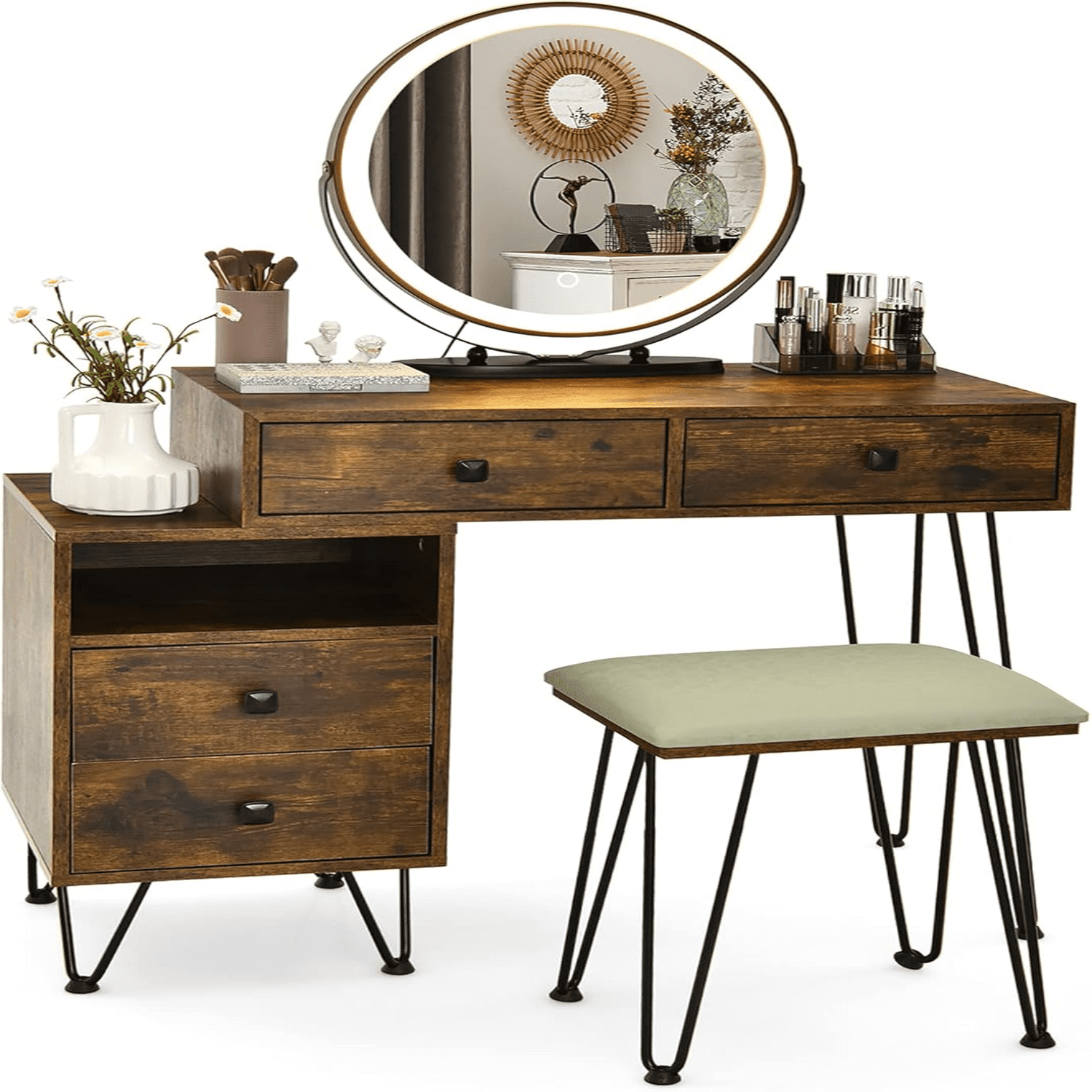 DXYJCNL Vanity Set Wooden Makeup Dressing Table with 3 Colors Lighted ...