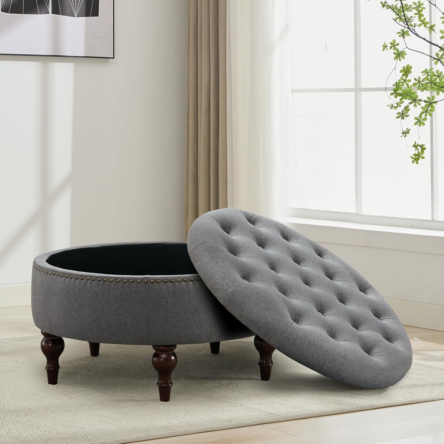 DXYKOPA 31.5" Large Round Storage Ottoman Upholstered Tufted PU Ottoman ...