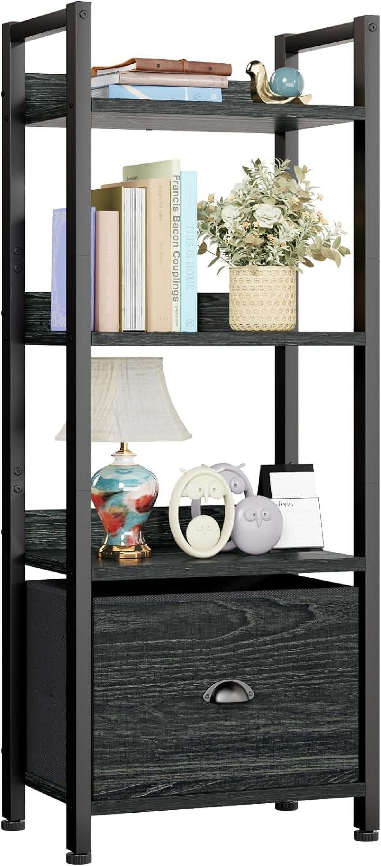 DXYKOPA 4 Tier Bookshelf with Drawer Small Narrow Bookcase with Shelves ...