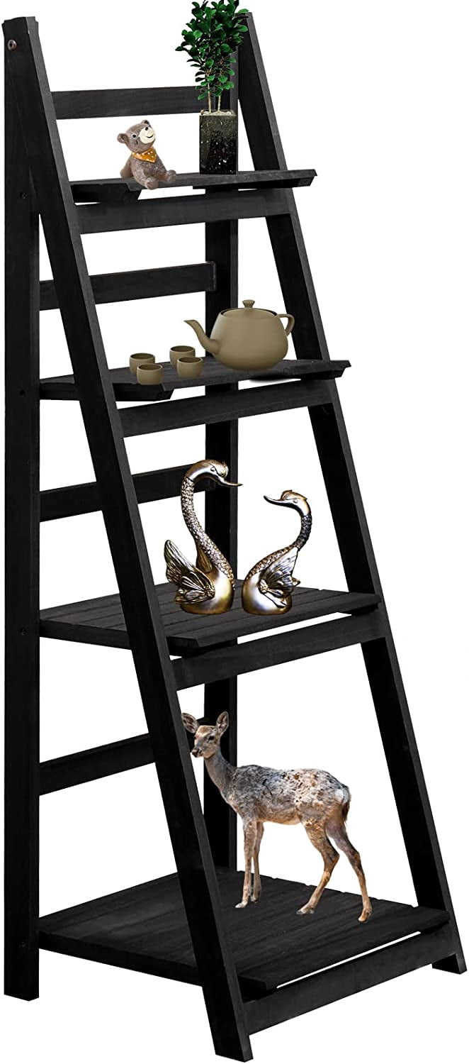 DXYKOPA 4 Tier Ladder Shelf Wooden Ladder Shelf 4 Tier Bookshelf Rustic ...