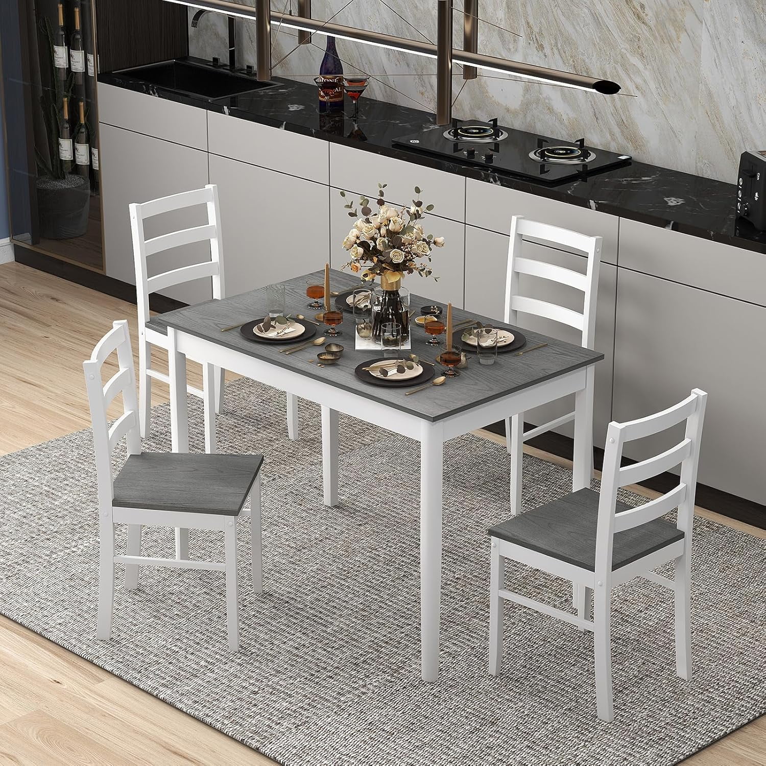 DXYKOPA 5 Piece Dining Set for 4 Farmhouse and 4 Chairs with Rubber ...