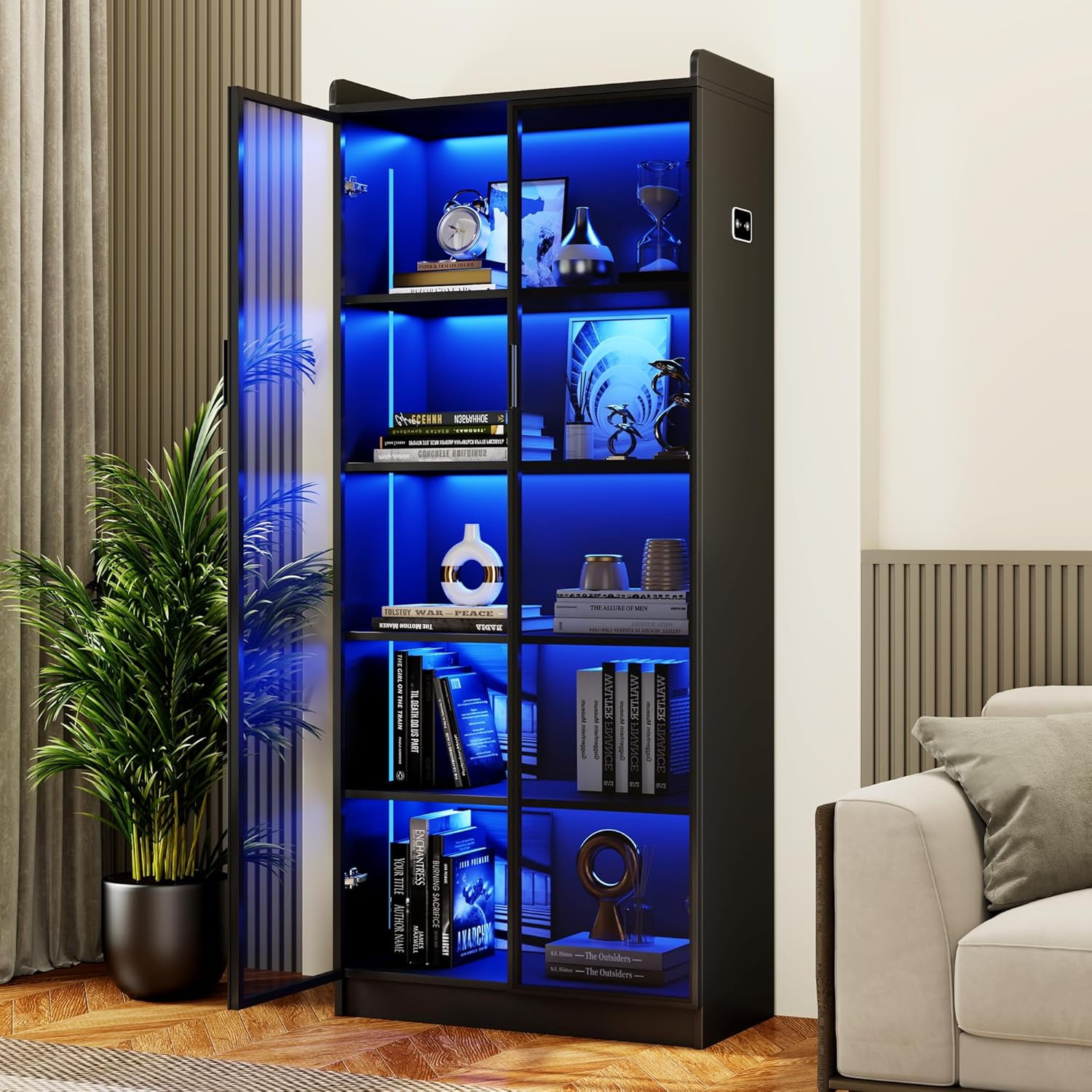 DXYKOPA 65" Tall Display Cabinet with Doors Bookcase with Lights/Human ...