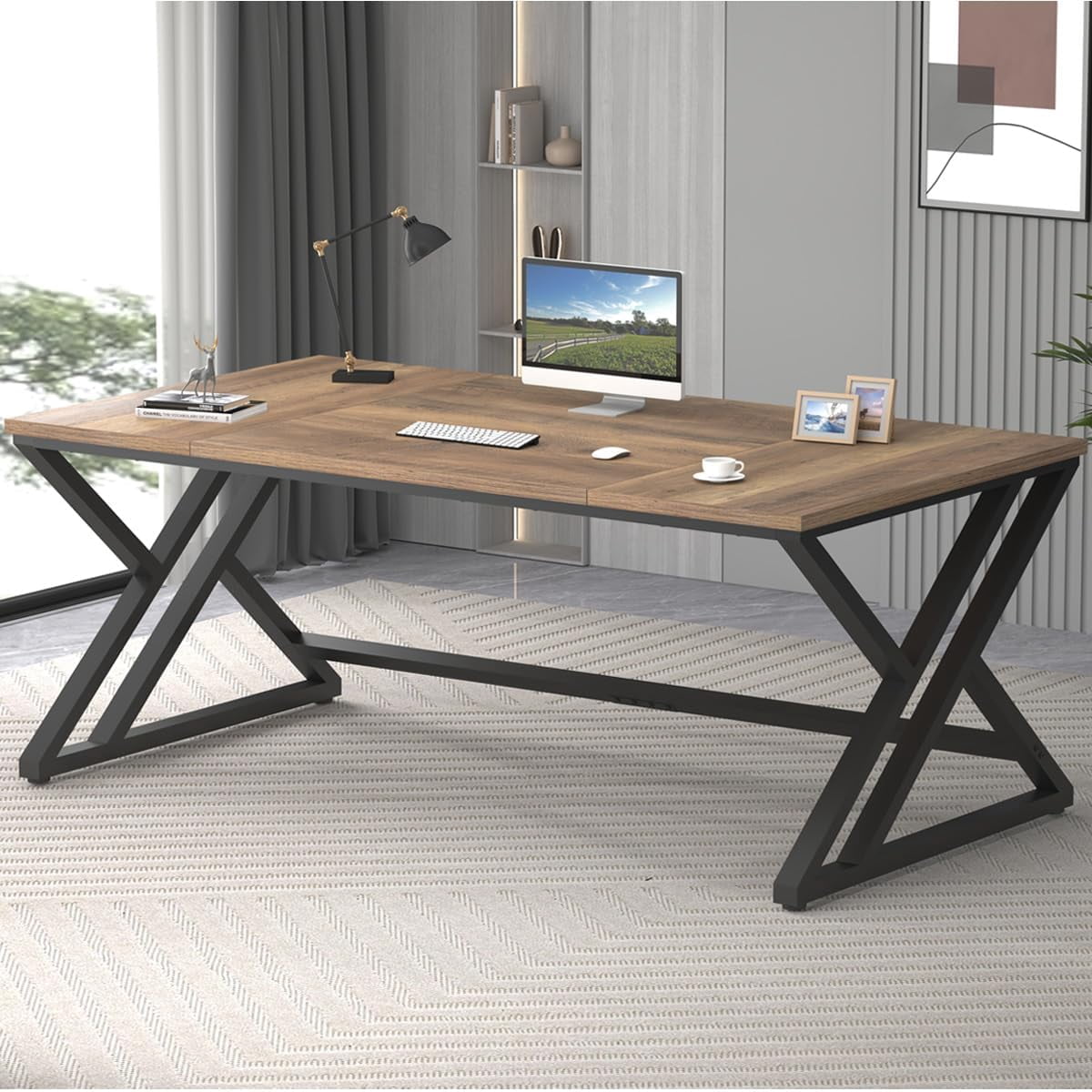 DXYKOPA 70.8" Computer Extra Long Wood Large Rustic Metal Workstation ...