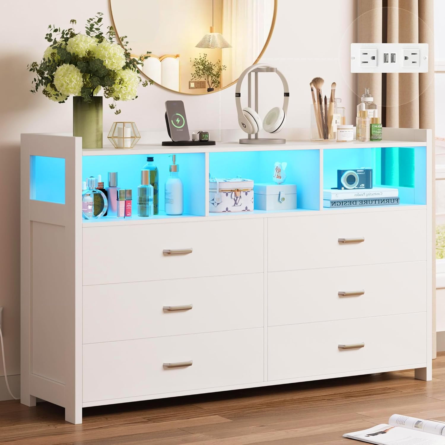 DXYKOPA Black LED Dresser for Bedroom 6 Drawer Dresser Wooden with ...