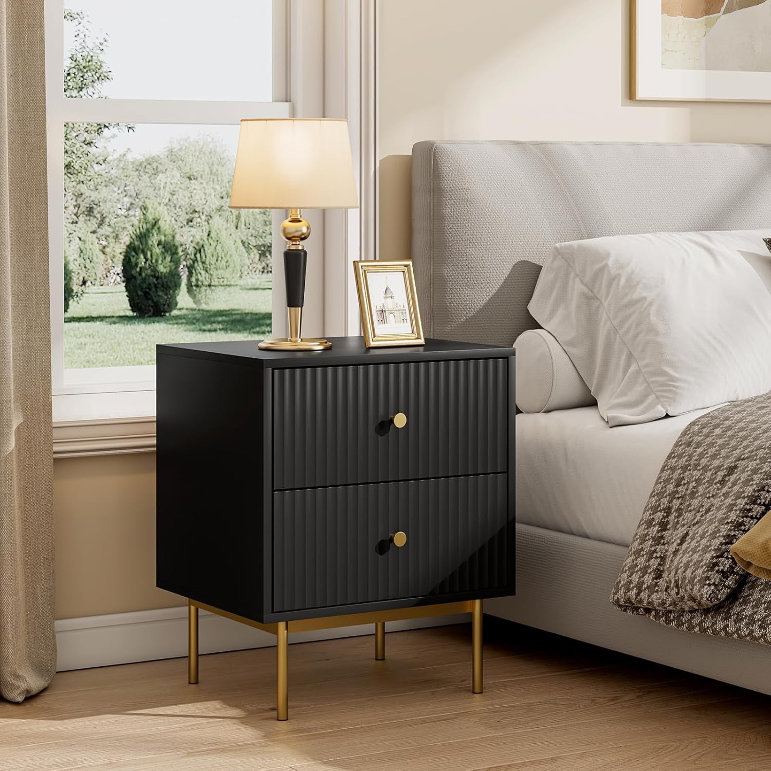 DXYKOPA Black Nightstand with 2 Drawers Fluted Nightstand Sofa Side ...