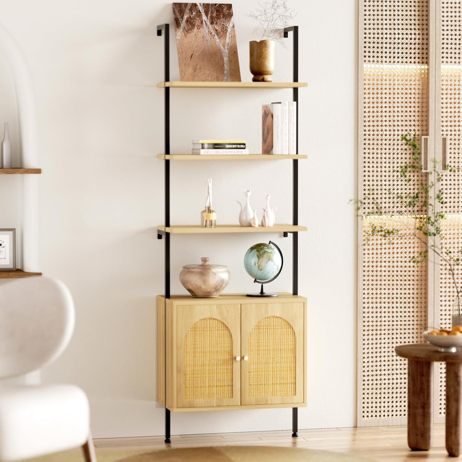DXYKOPA Black & Gold Ladder Shelf with Storage Cabinet Ladder Bookshelf ...