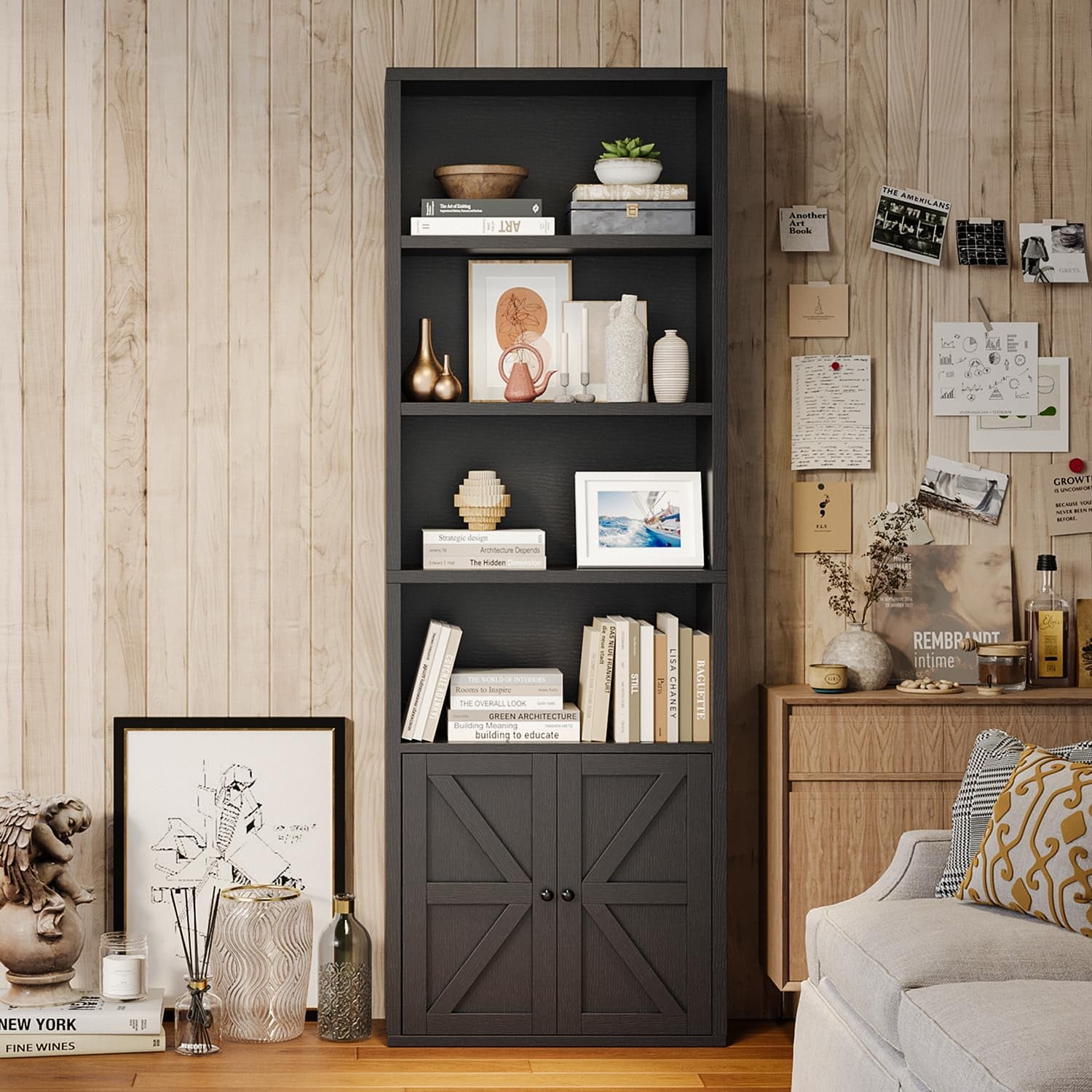 DXYKOPA Bookshelf Bookcase with Doors 6 Tier 71" Tall Wooden Storage ...