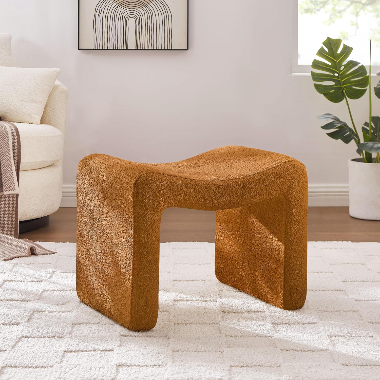 DXYKOPA Boucle Ottoman Vanity Stool Chair Foot Stool with Wooden Legs ...