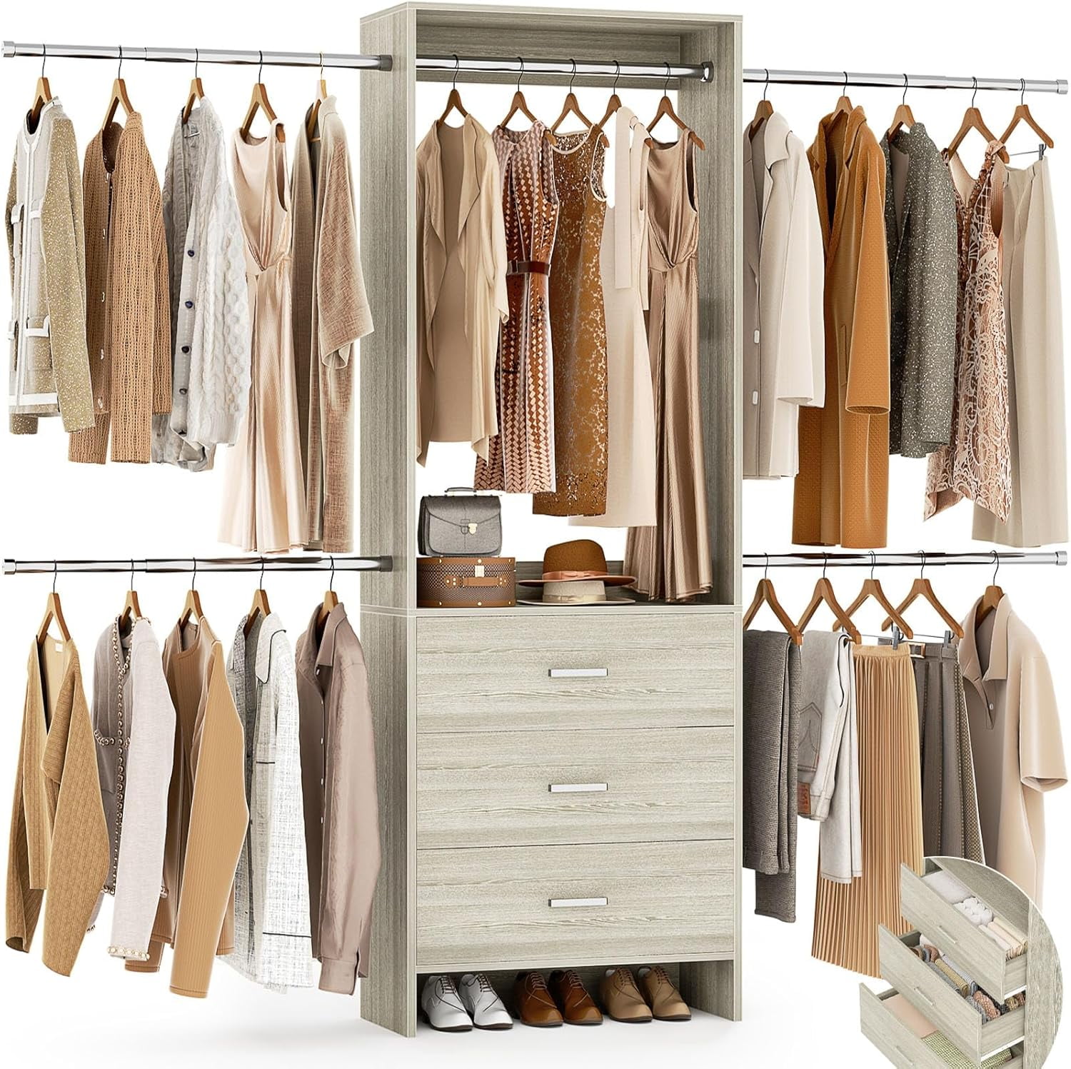 DXYKOPA Closet System Closet Organizer with 3 Wooden Drawers Closet ...