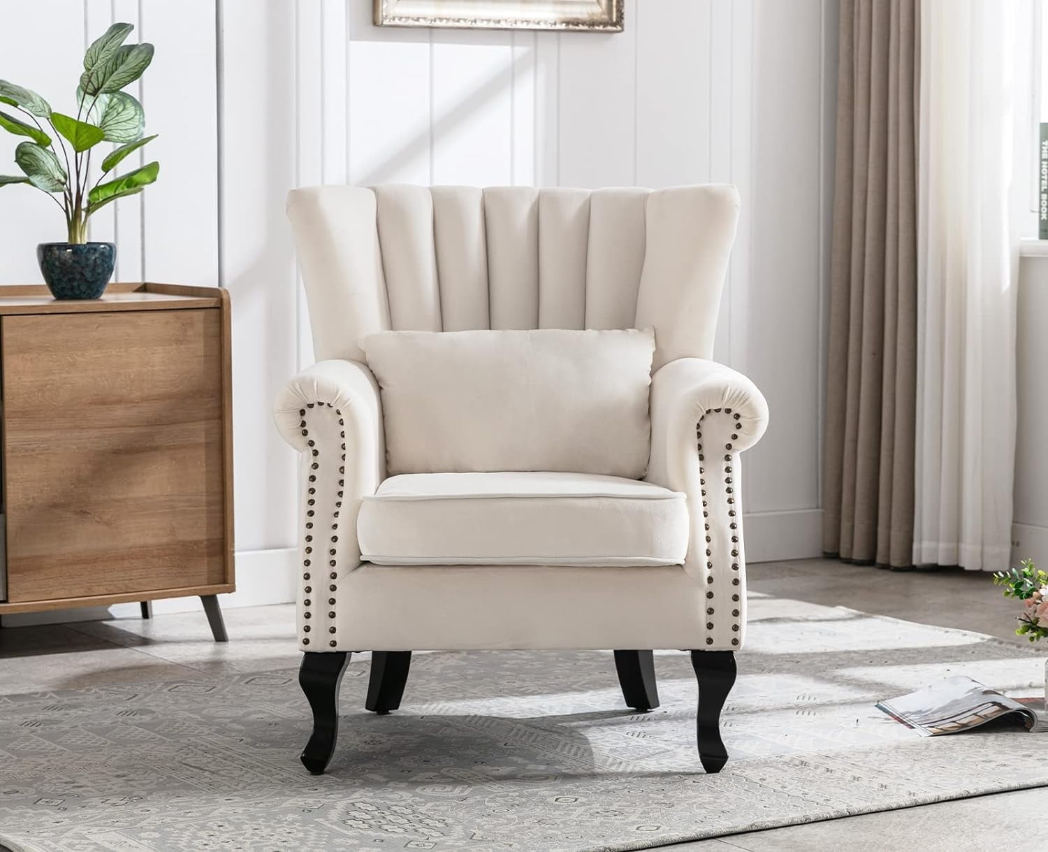 DXYKOPA Grey Accent Chair Velvet Wingback Chair with Pillow Nail-Head ...