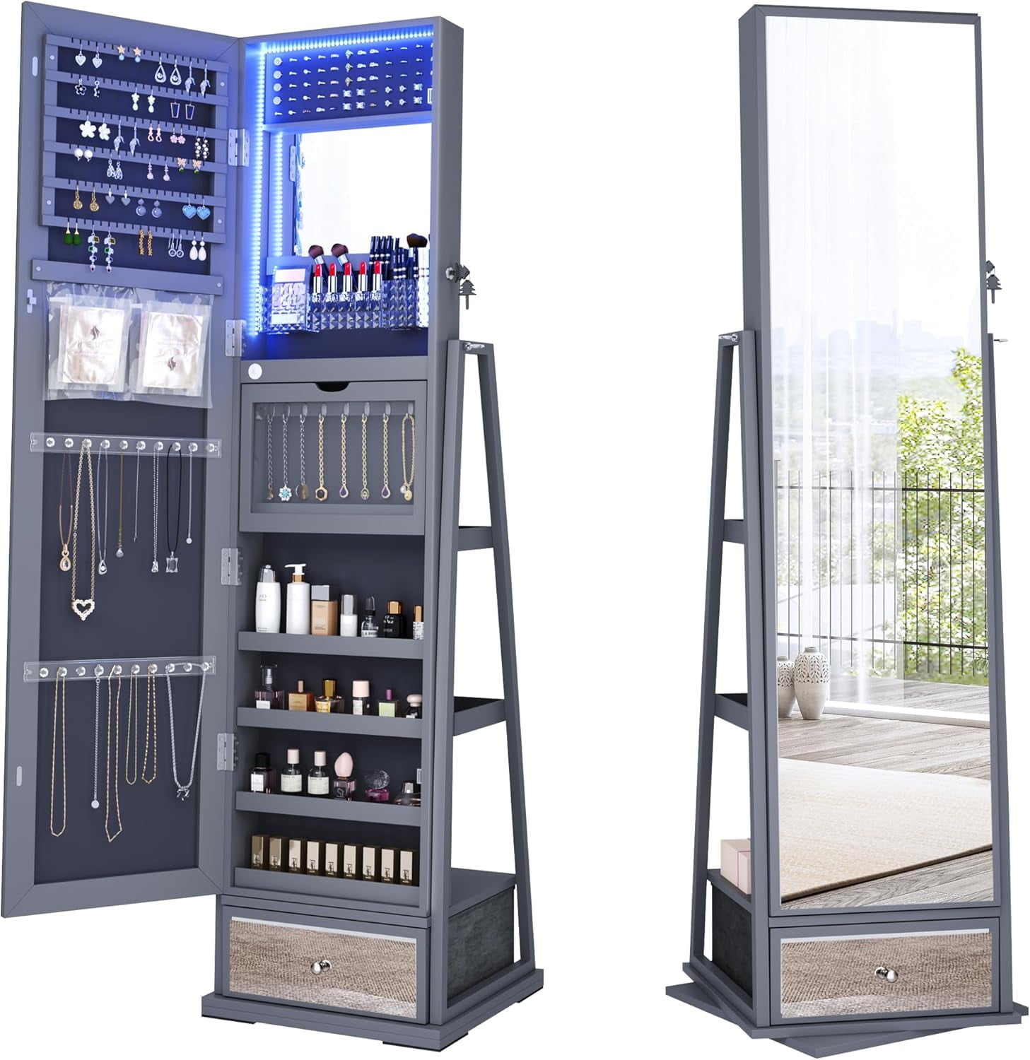 DXYKOPA Jewelry Cabinet with Light Storage 360° Swivel Jewelry Storage ...