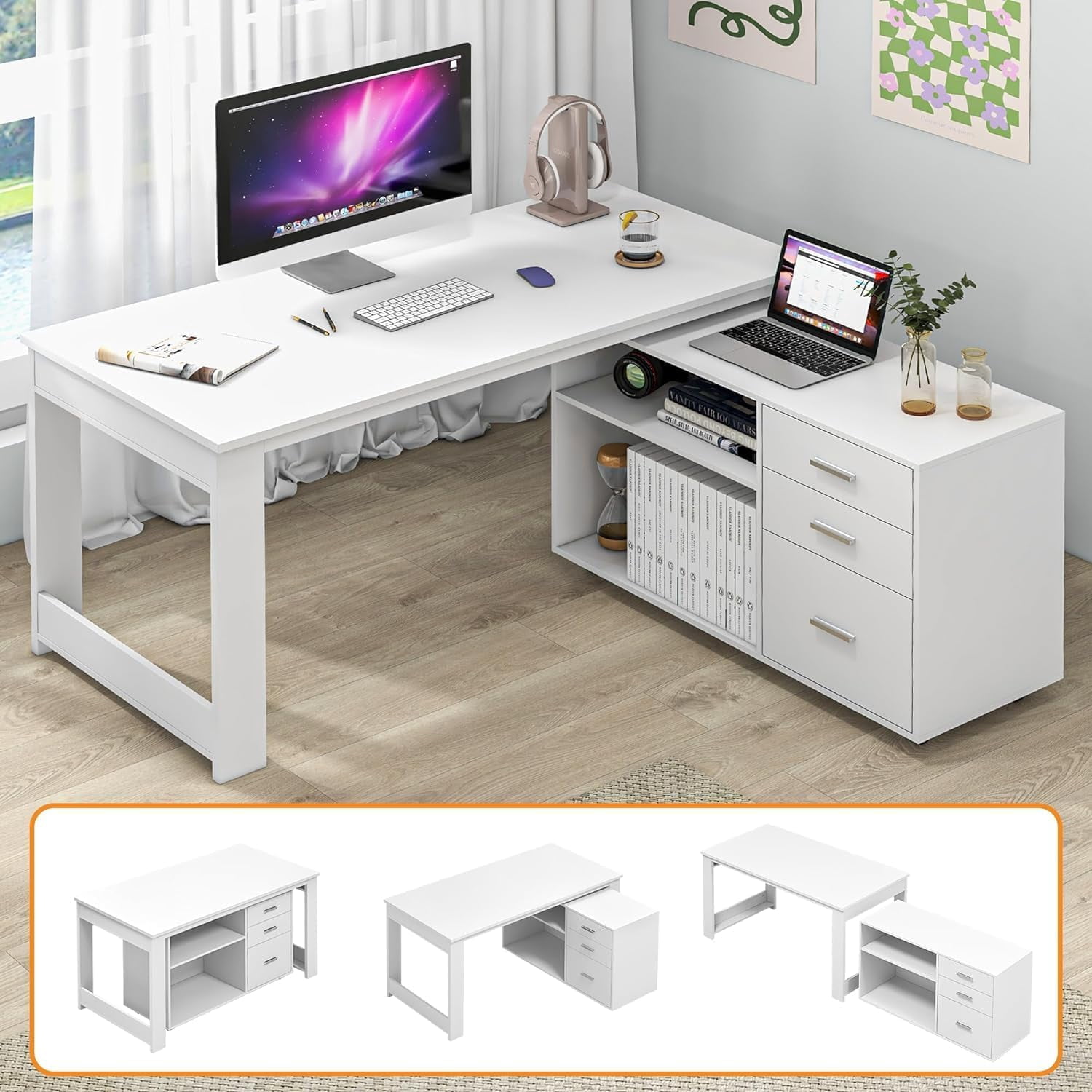 DXYKOPA L Shaped with Drawers Corner with 3 Drawers and 2 Shelve ...