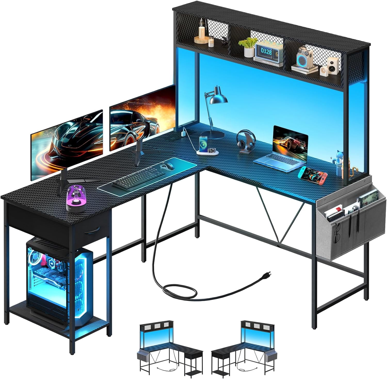 DXYKOPA L Shaped Gaming with LED Strip & Power Outlet Reversible L ...