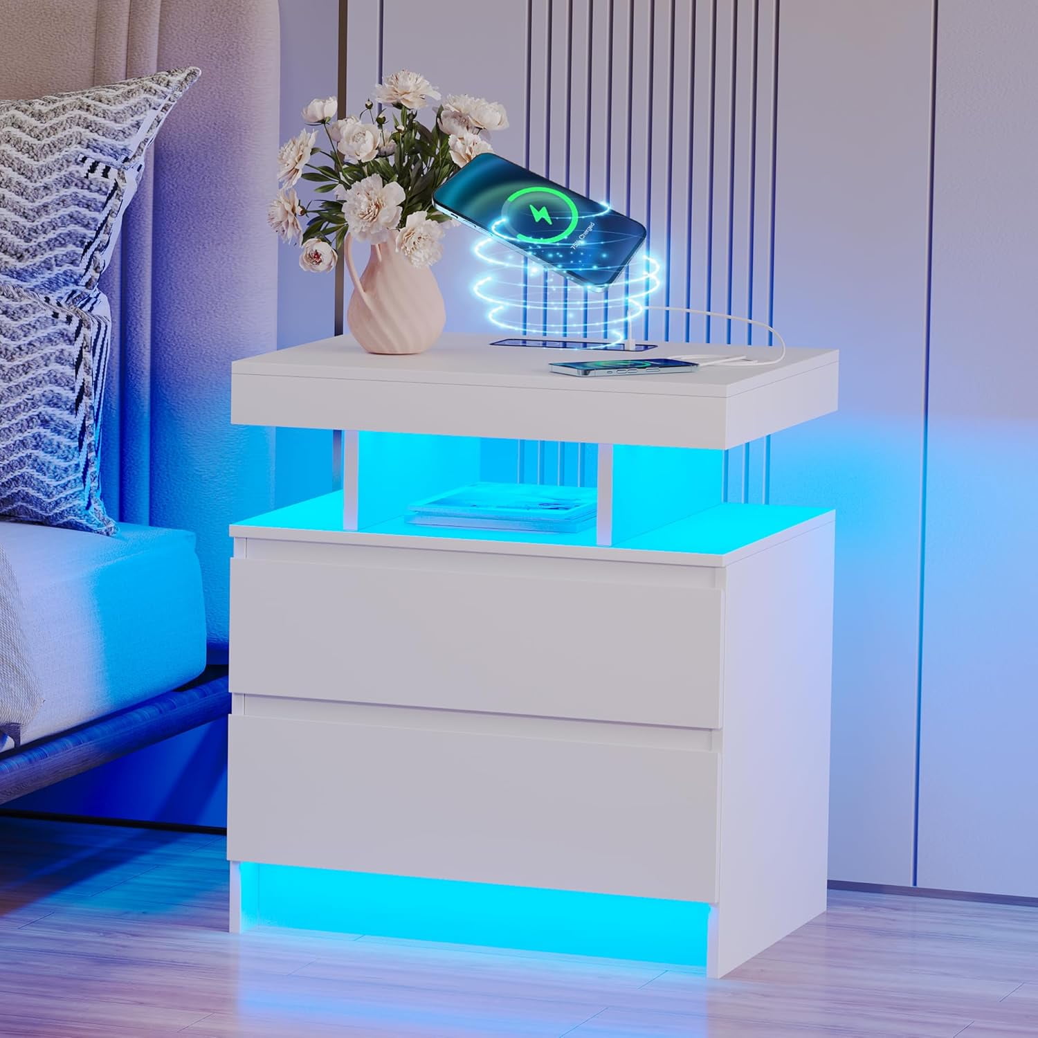 DXYKOPA Nightstand with Charging Station and LED Light Modern Night ...