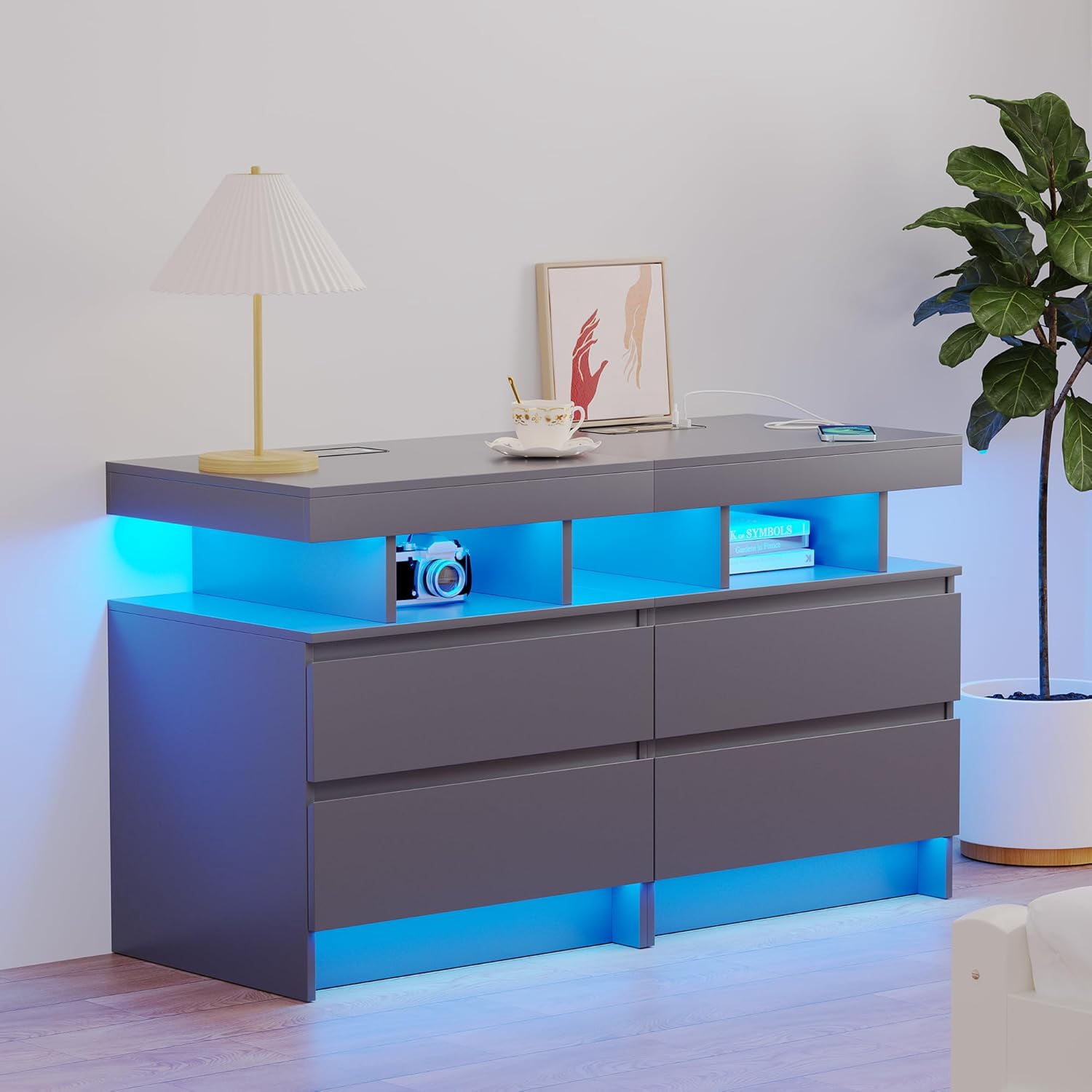 DXYKOPA Nightstand with Charging Station and LED Light Modern Night ...