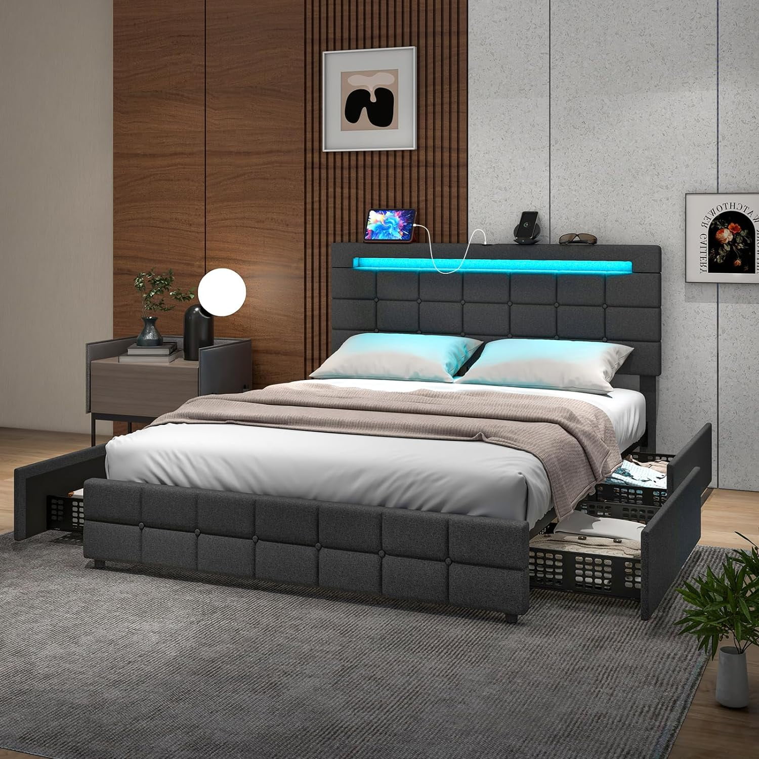 DXYKOPA Queen Bed Frame with Charging Station & LED Lights Upholstered ...