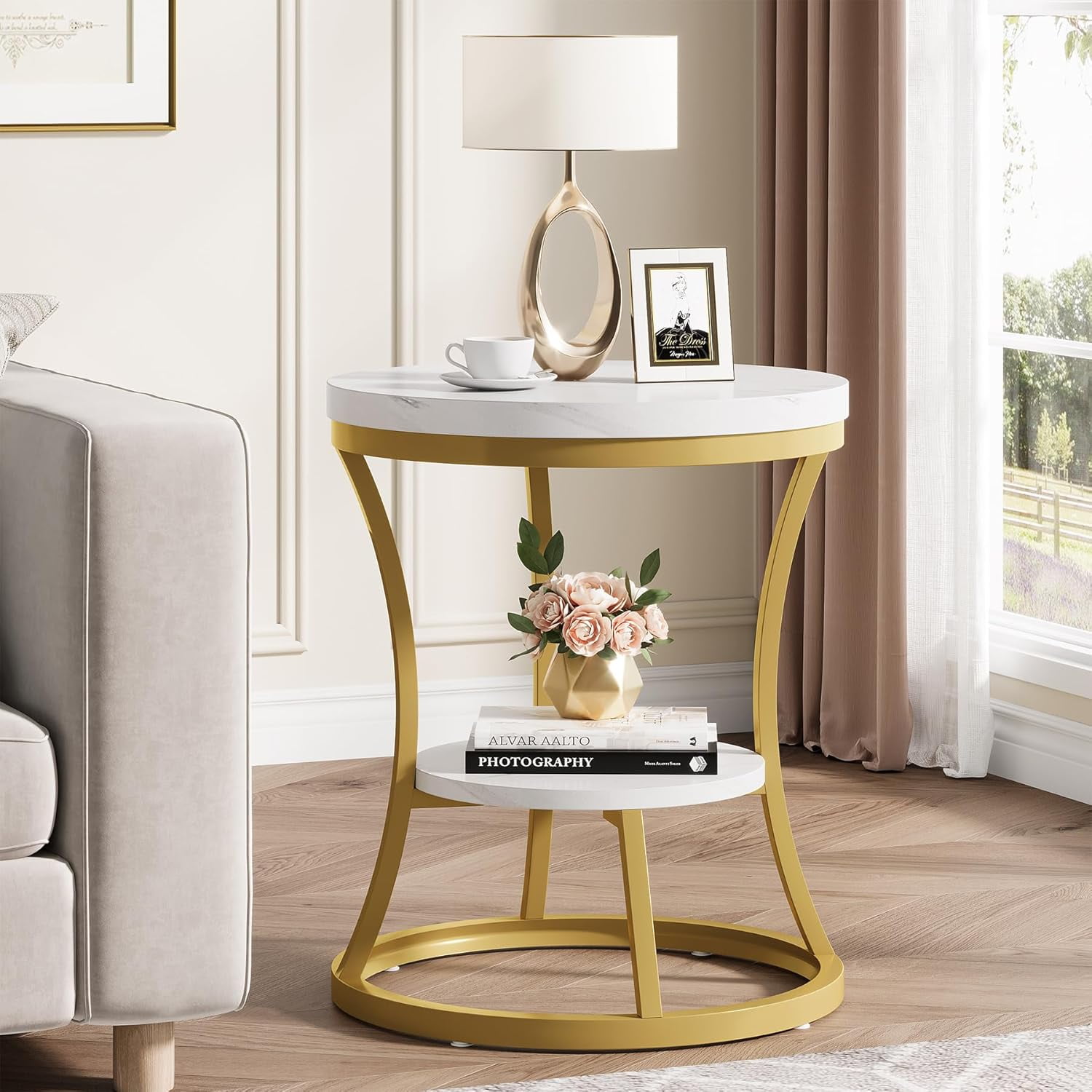 Round End Table 2 Tier Industrial Side Table Accent Bedside Table ...