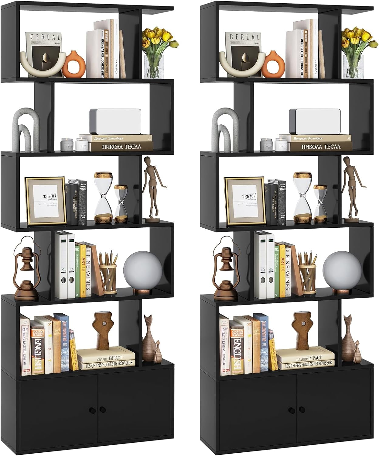 DXYKOPA S Shaped Bookshelf with Cabinet 6-Tier Bookcase with Doors ...