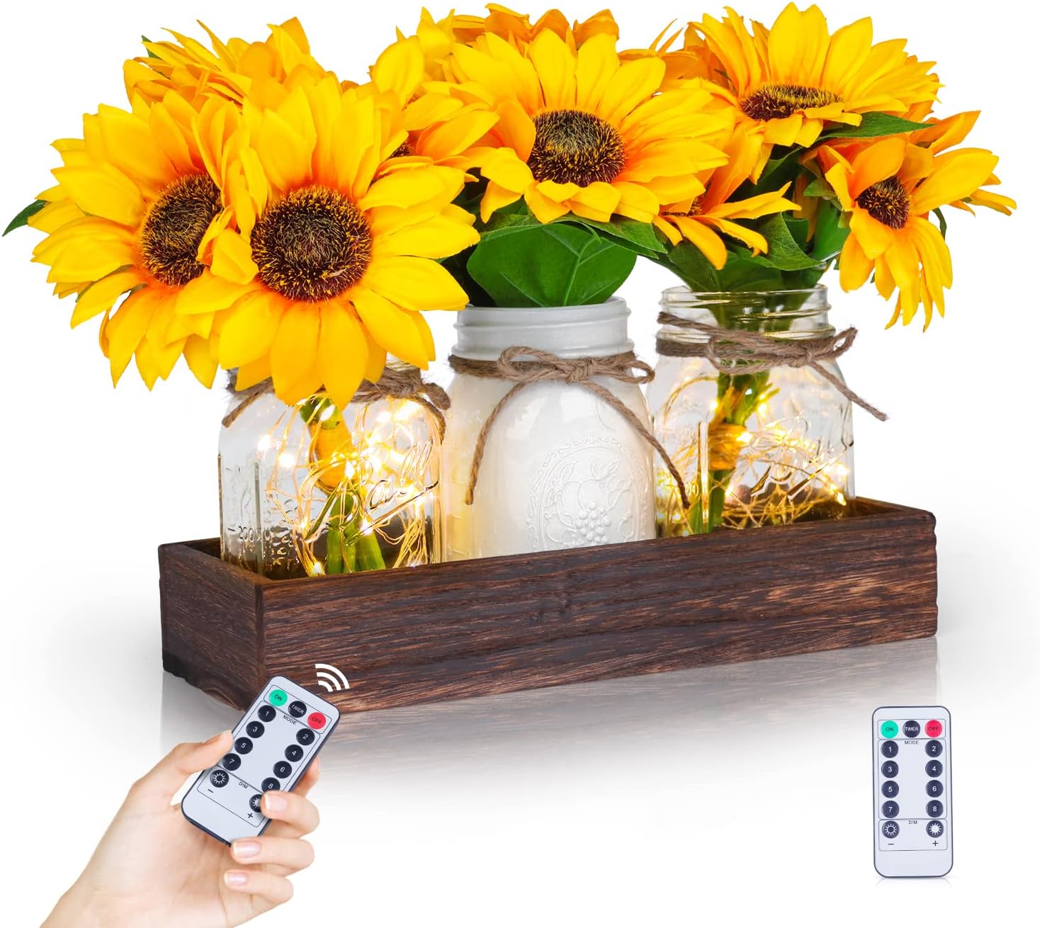 DXYKOPA Sunflower Mason Jar Dining Centerpiece with Lights Wood Tray ...
