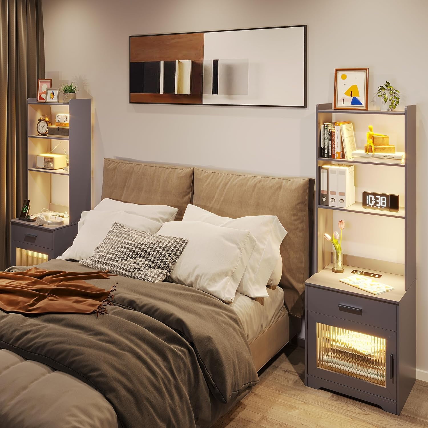DXYKOPA Tall Nightstand with Charging Station Bookshelf Nightstand with ...