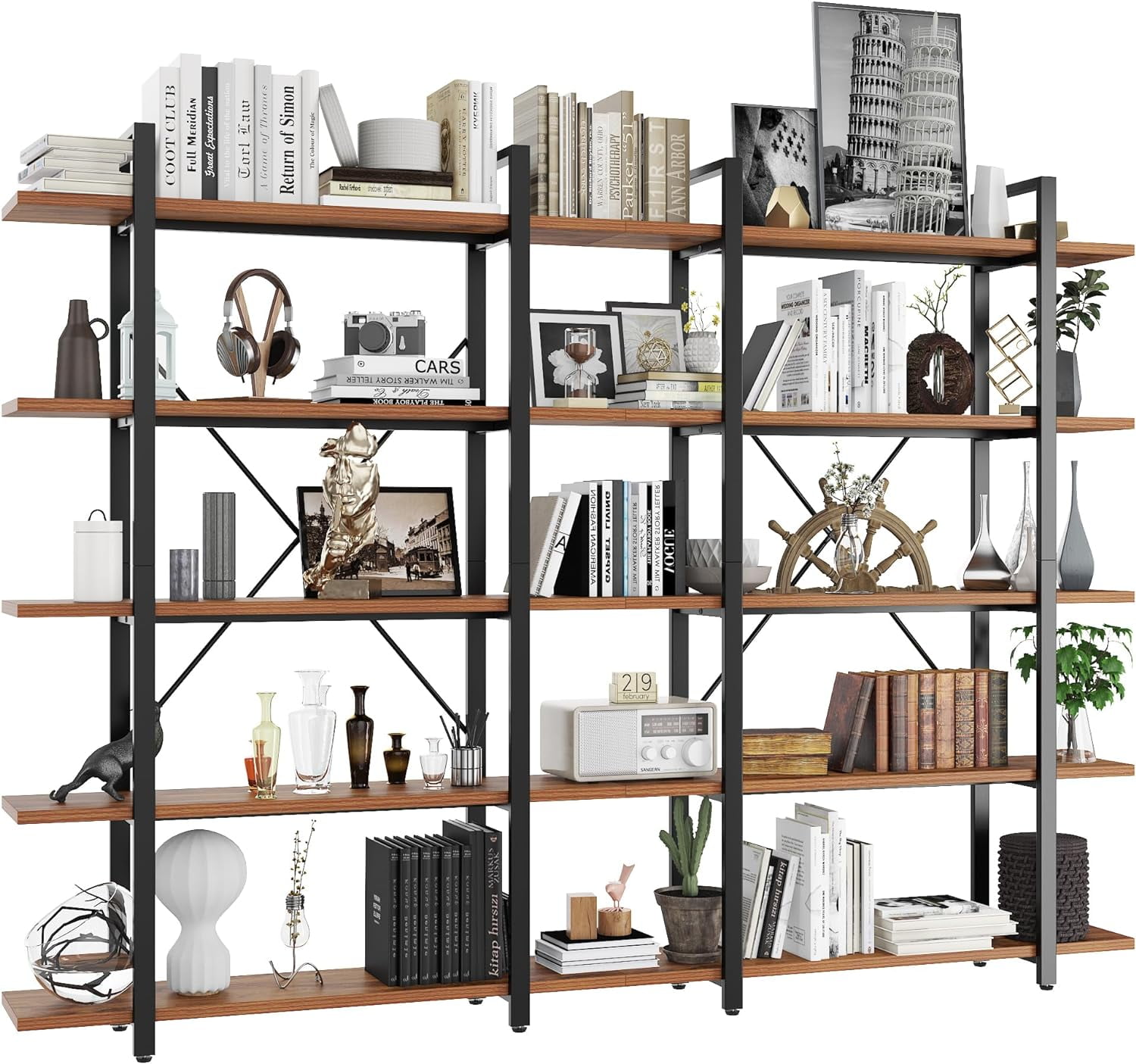 DXYKOPA Wood and Metal Minimalist 5 Tier Bookshelf 6 feet Tall Open ...
