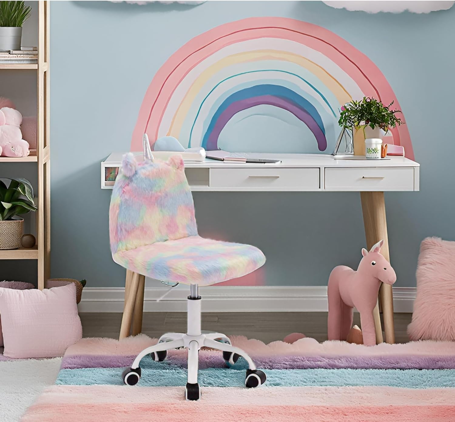DXYNLZQ Bear Kids Desk Chair with Wheels Cute Furry Pink Vanity Chair ...