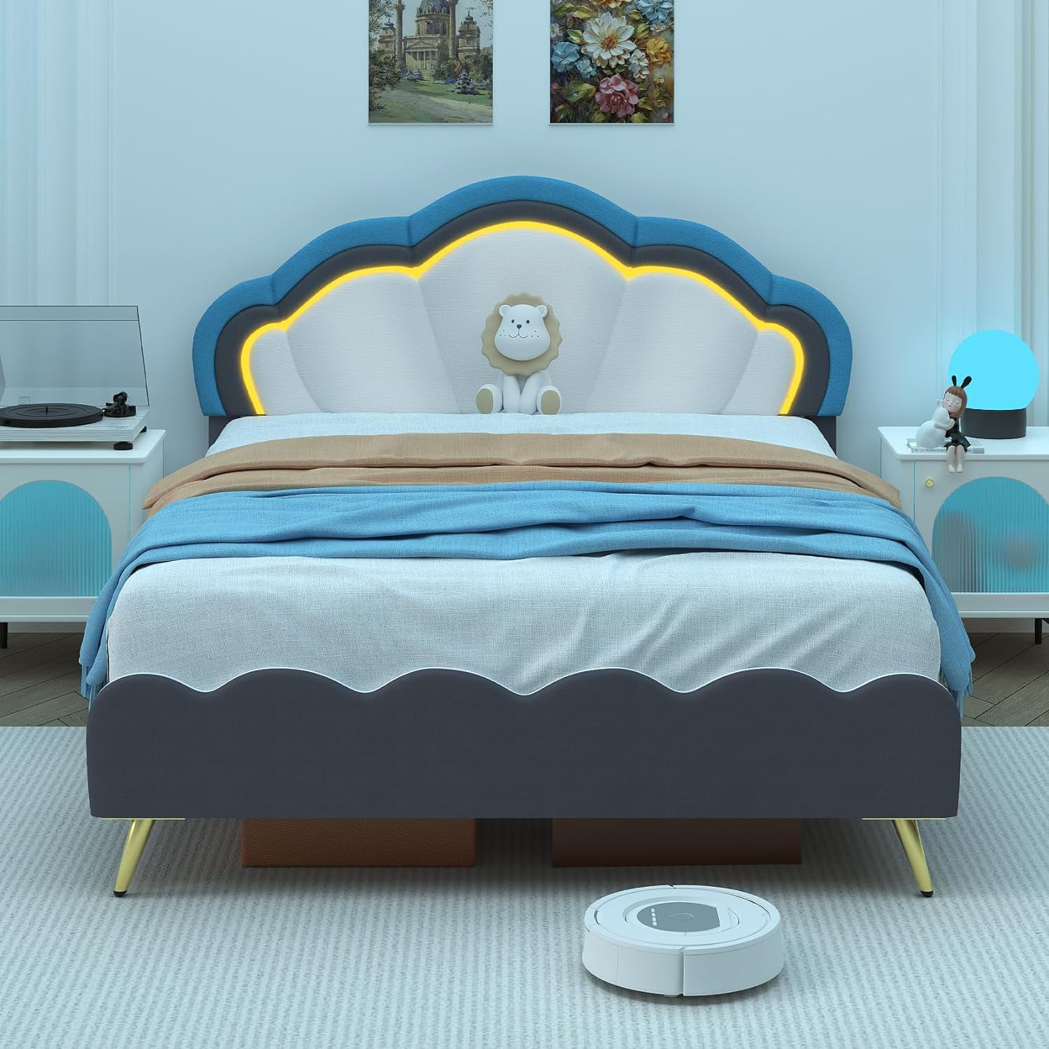 DXYNLZQ Queen Upholstered Smart LED Bed Frame with Adjustable Headboard ...