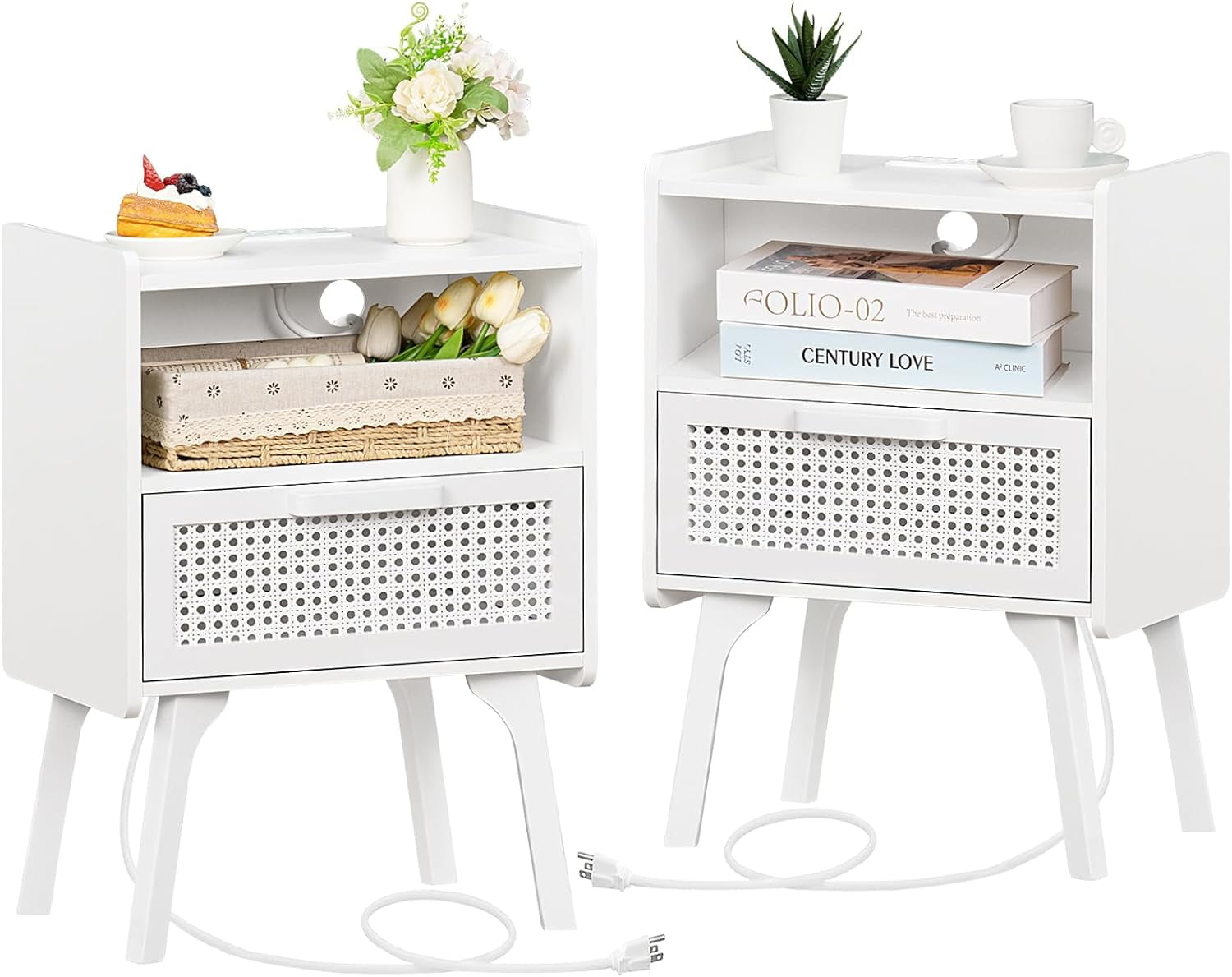 DXYNLZQ Rattan Nightstands with Charging Station Boho Side Table with ...