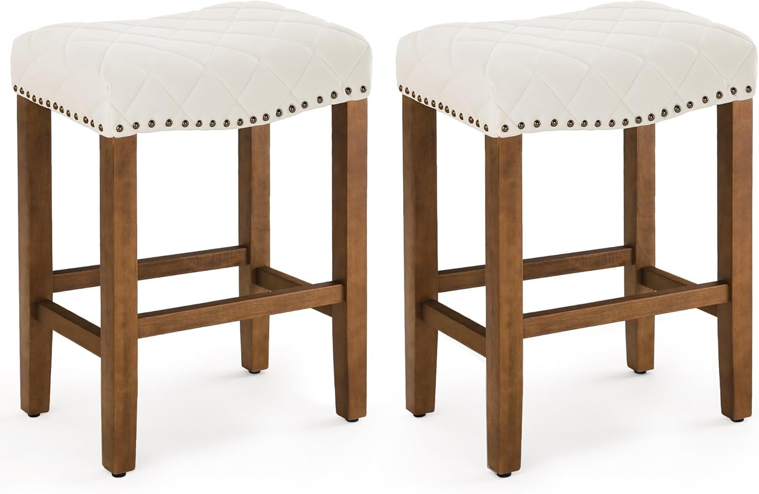 DYCANPO 24-Inch Backless Bar Stools Set of 2, Wooden Legs and Leather ...