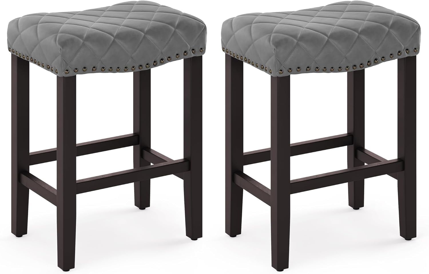 DYCANPO 24-Inch Backless Bar Stools Set of 2, Wooden Legs and Leather ...