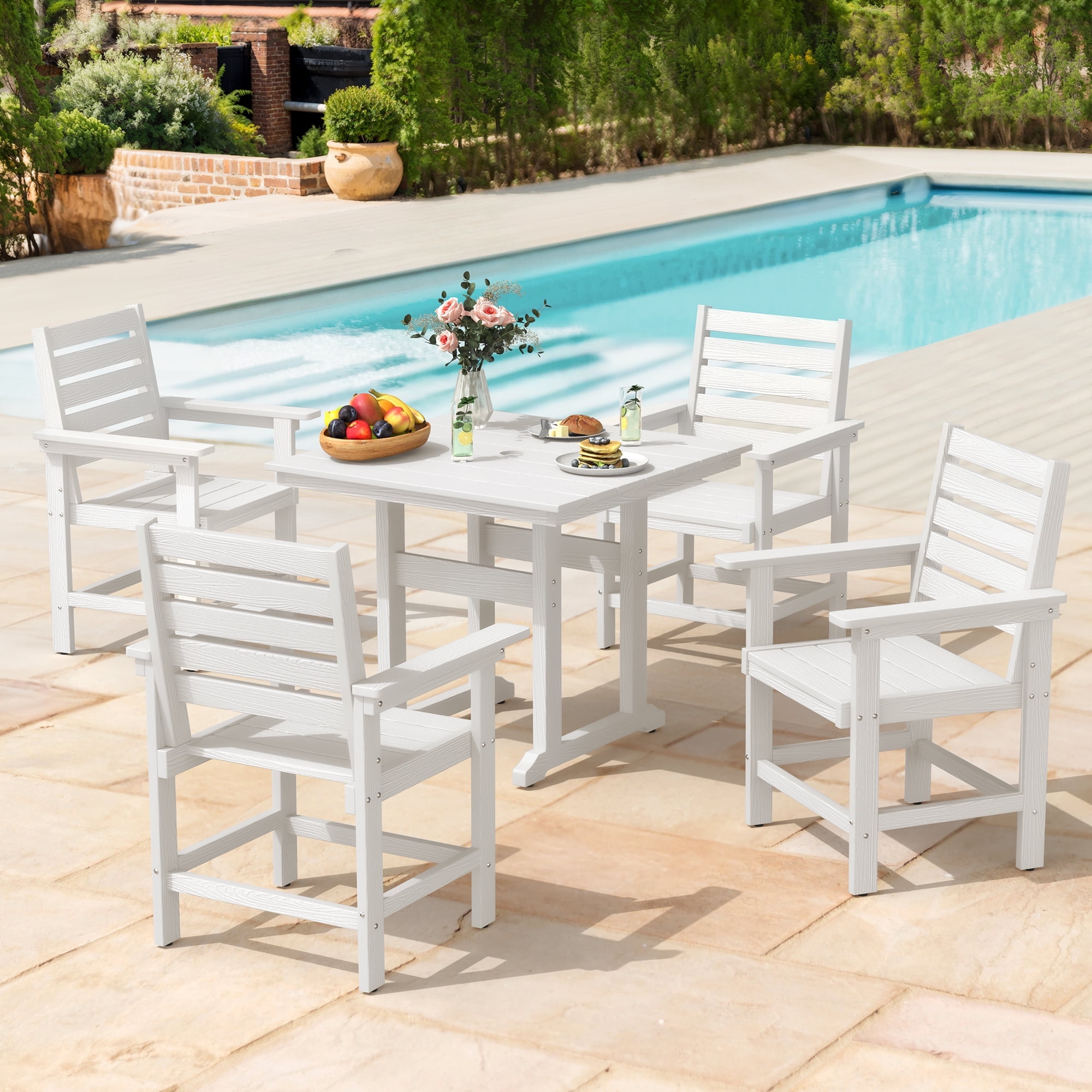DYCANPO 5-Piece Outdoor Dining Set with Umbrella Hole, HDPS Square Patio Table Set for 4, White ...