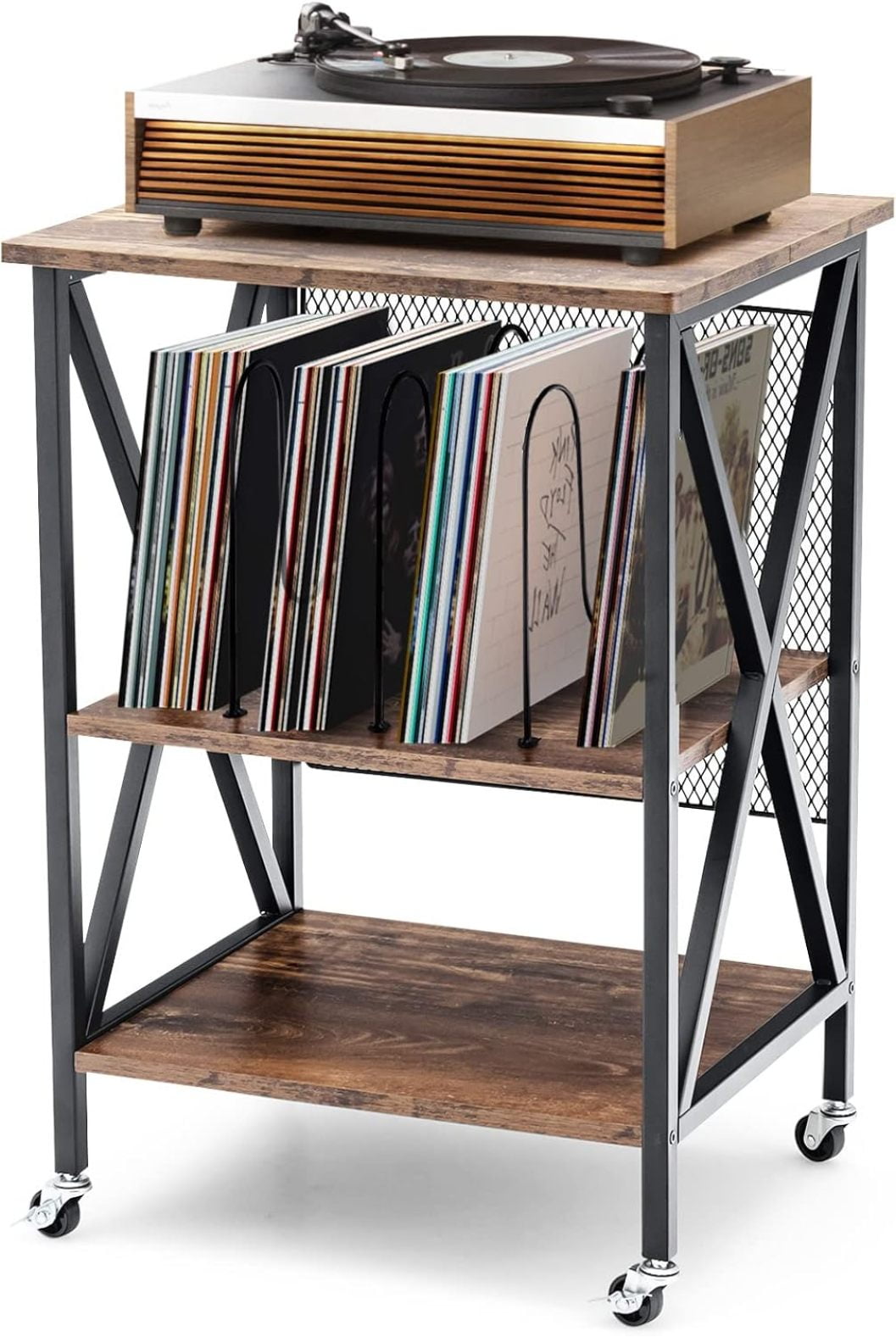 DYJP Record Player Stand, 3-Tier Rolling Vinyl Record Storage Holder ...